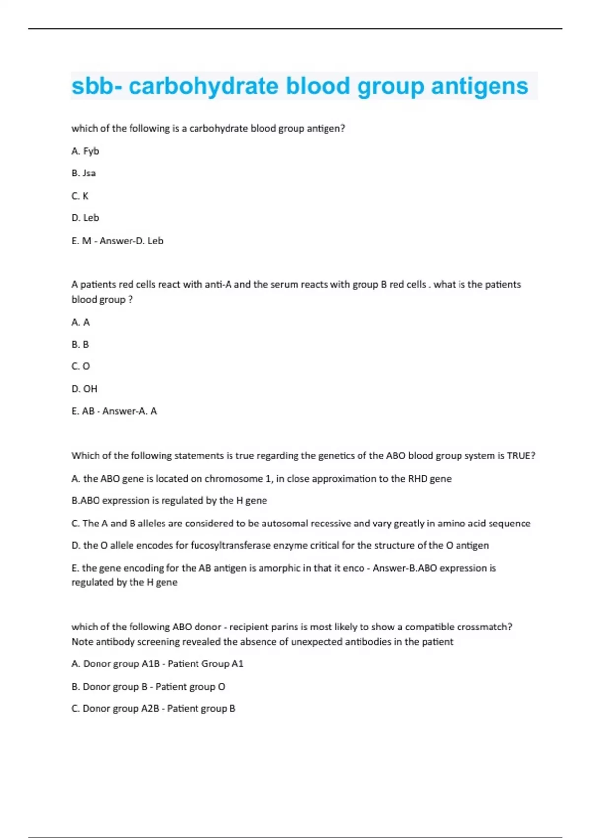 sbb- carbohydrate blood group antigens Exam Questions With Correct ...
