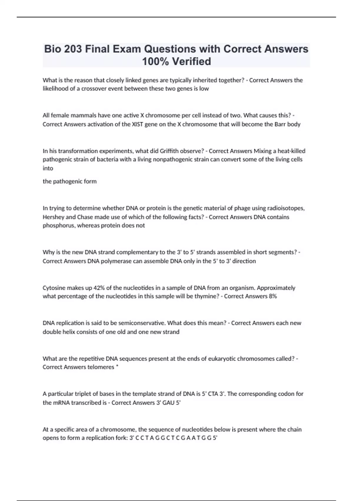 Bio 203 Final Exam Questions with Correct Answers 100% Verified - Bio 203 - Stuvia US