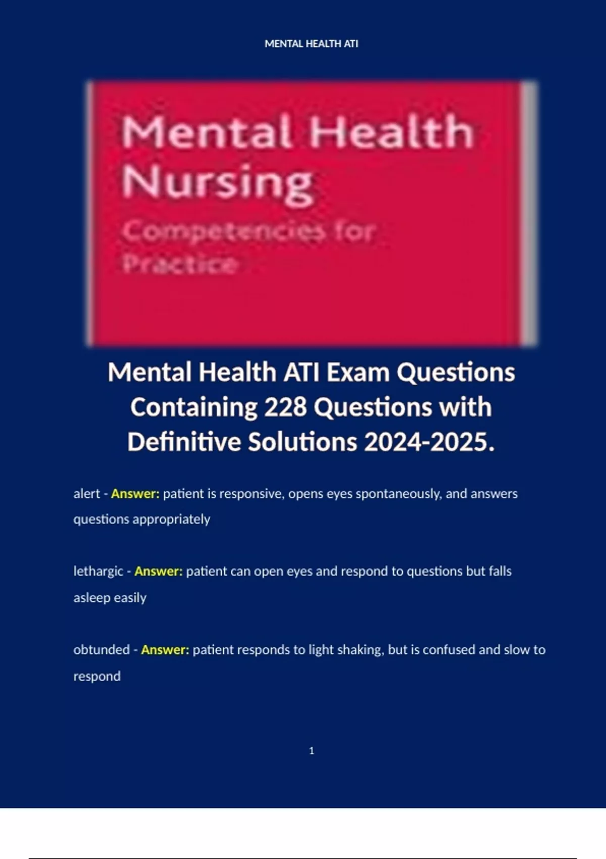Mental Health ATI Exam Questions Containing 228 Questions with ...