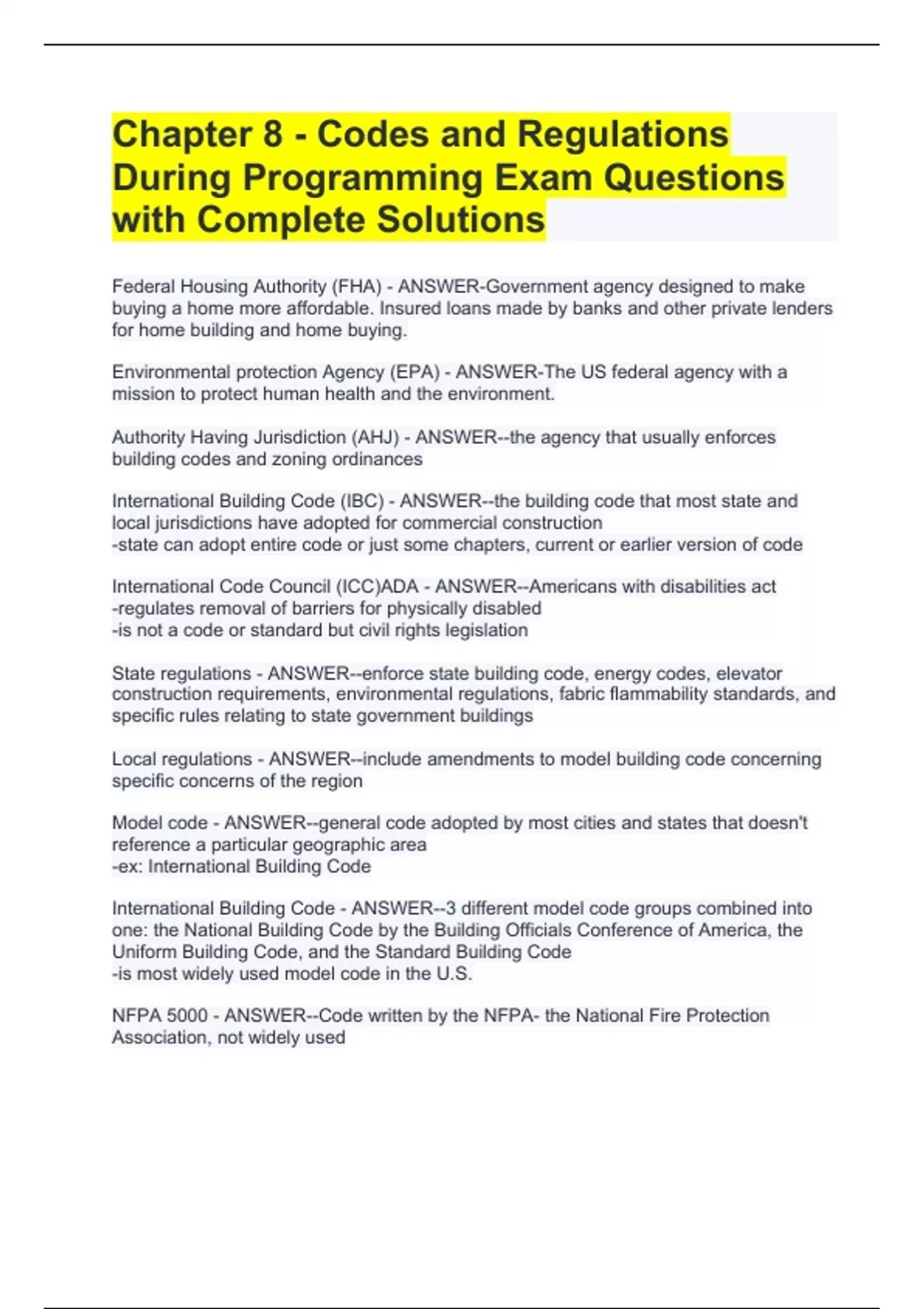Chapter 8 - Codes and Regulations During Programming Exam Questions with Complete Solutions ...