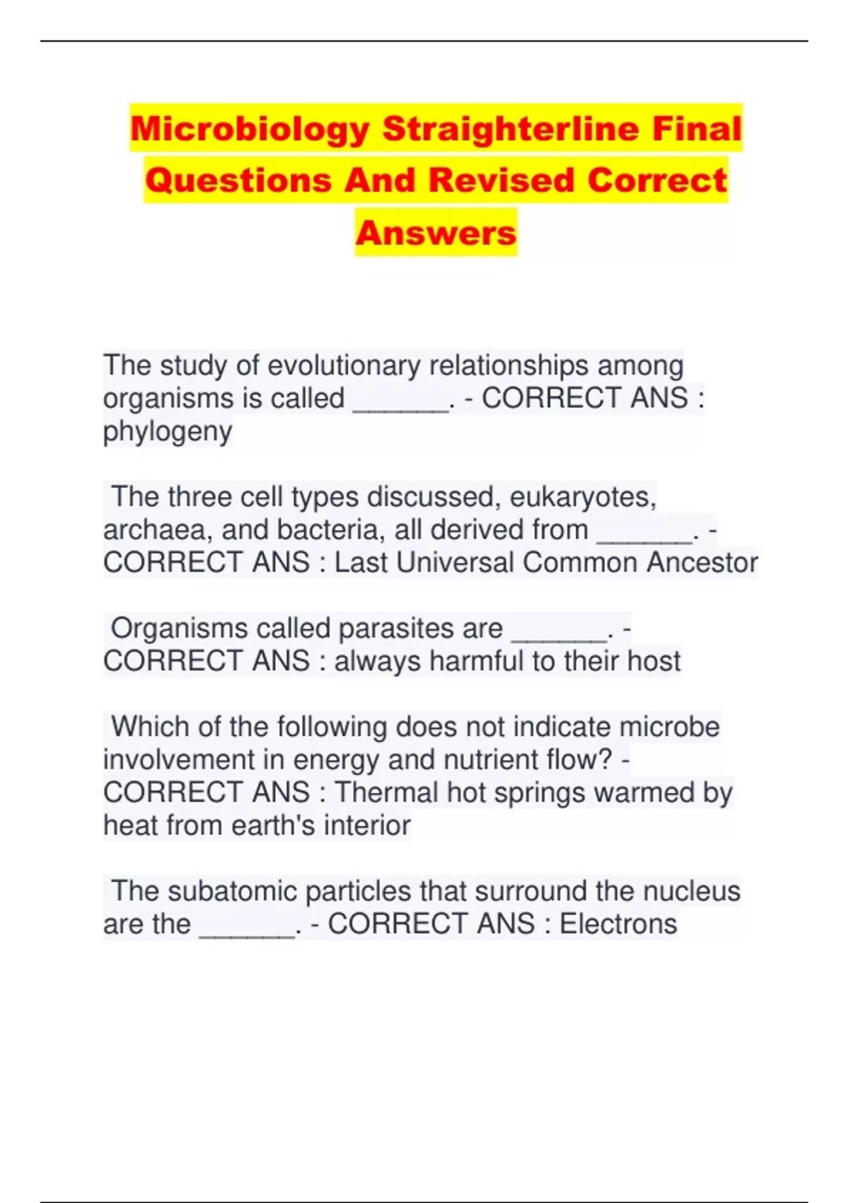 Microbiology Straighterline Final Questions And Revised Correct Answers ...