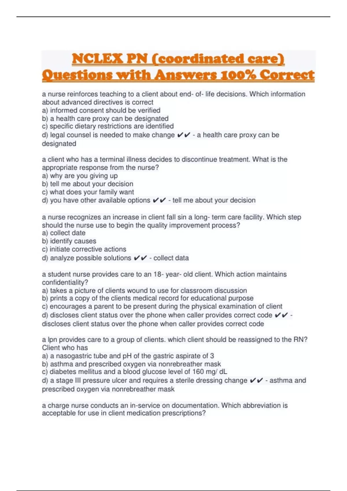 NCLEX PN (coordinated care) Questions with Answers 100% Correct - NCLEX ...