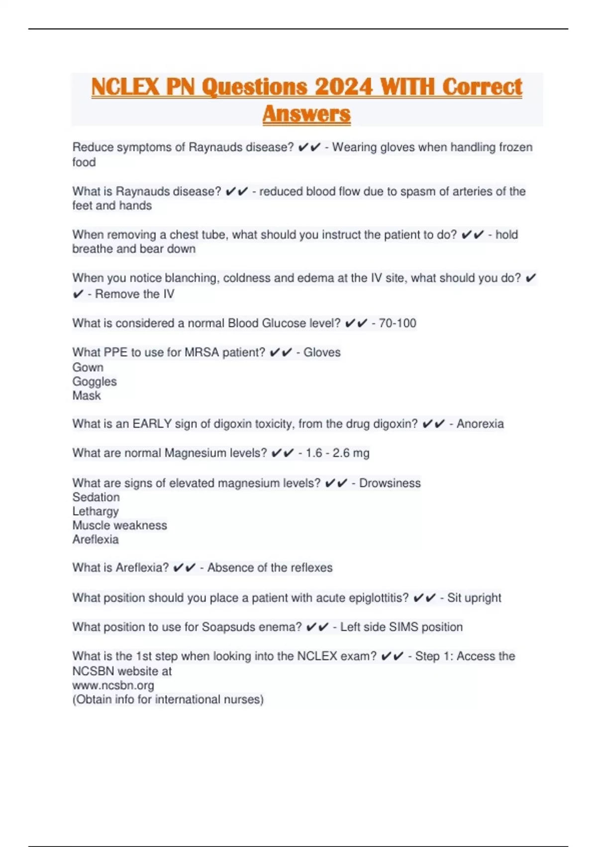 NCLEX PN Questions 2024 WITH Correct Answers - NCLEX PN - Stuvia US