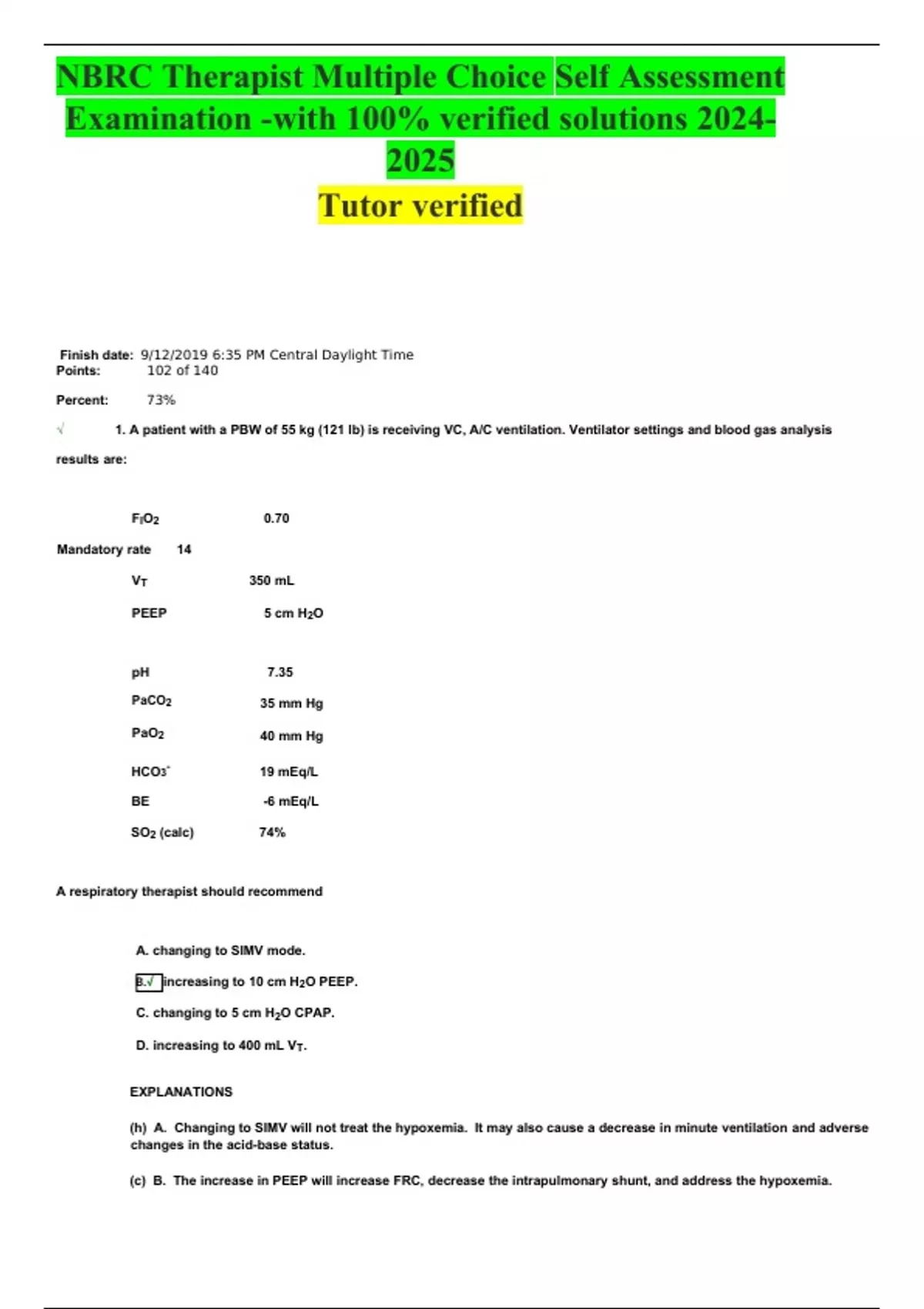 NBRC Therapist Multiple Choice Self Assessment Examination -with 100% ...