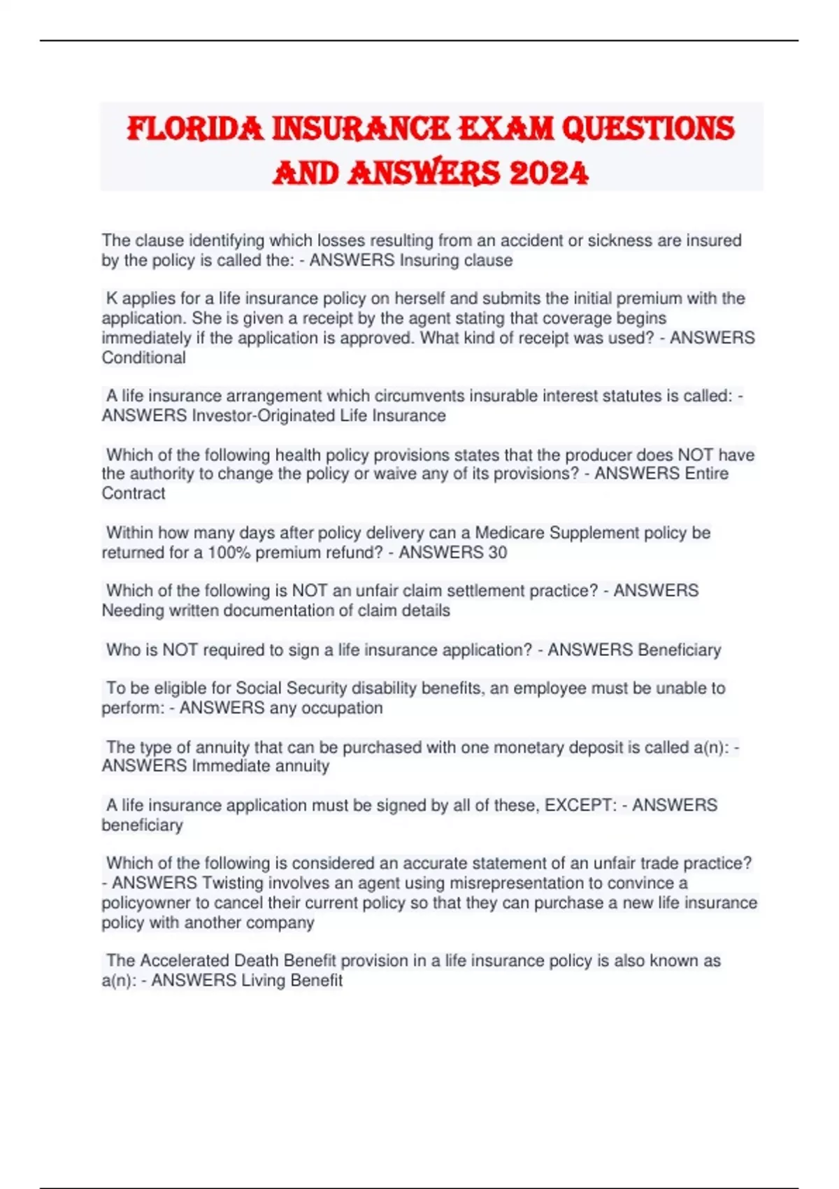 Florida Insurance Exam questions and answers 2024 - Florida Insurance ...