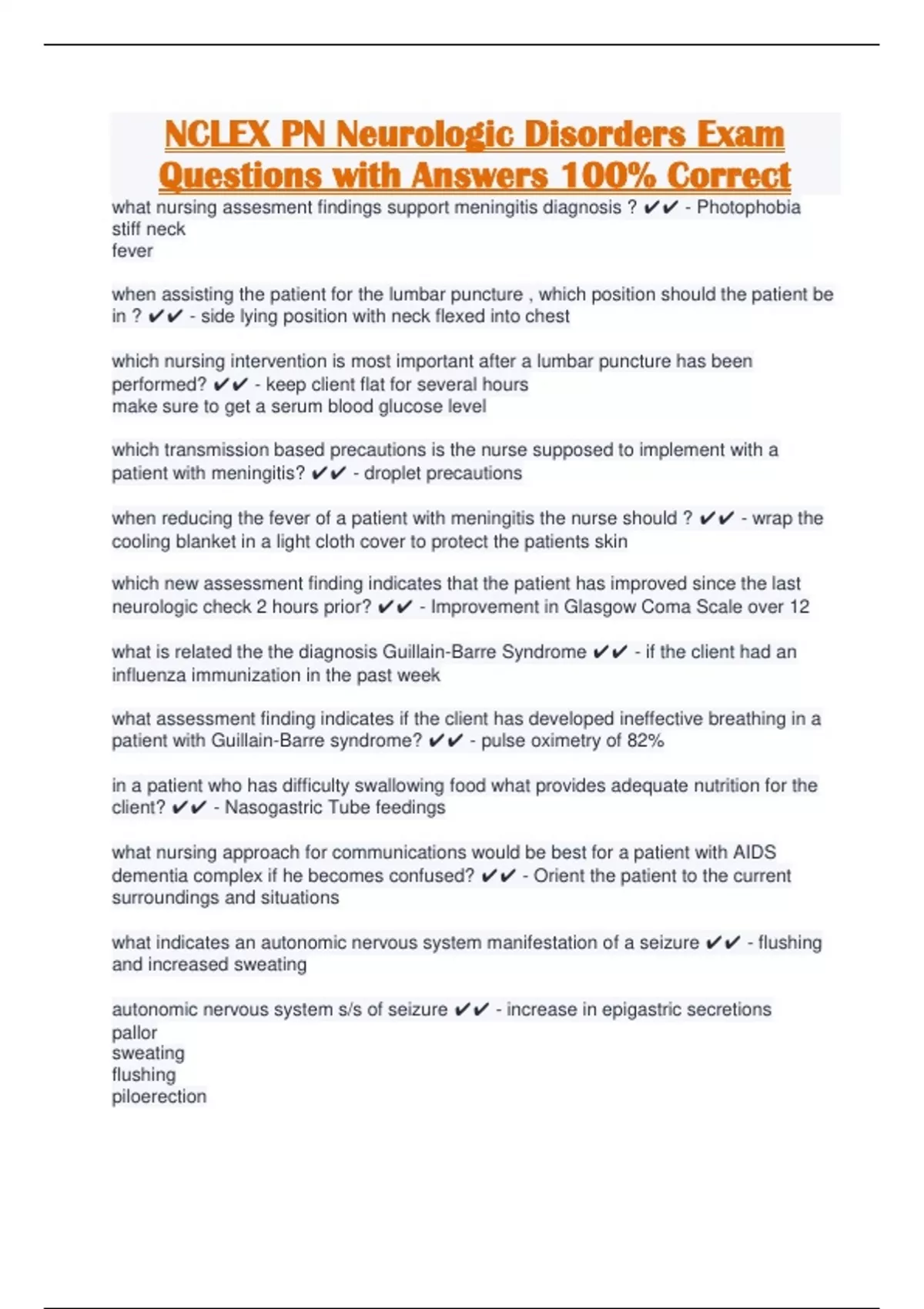 NCLEX PN Neurologic Disorders Exam Questions with Answers 100% Correct ...