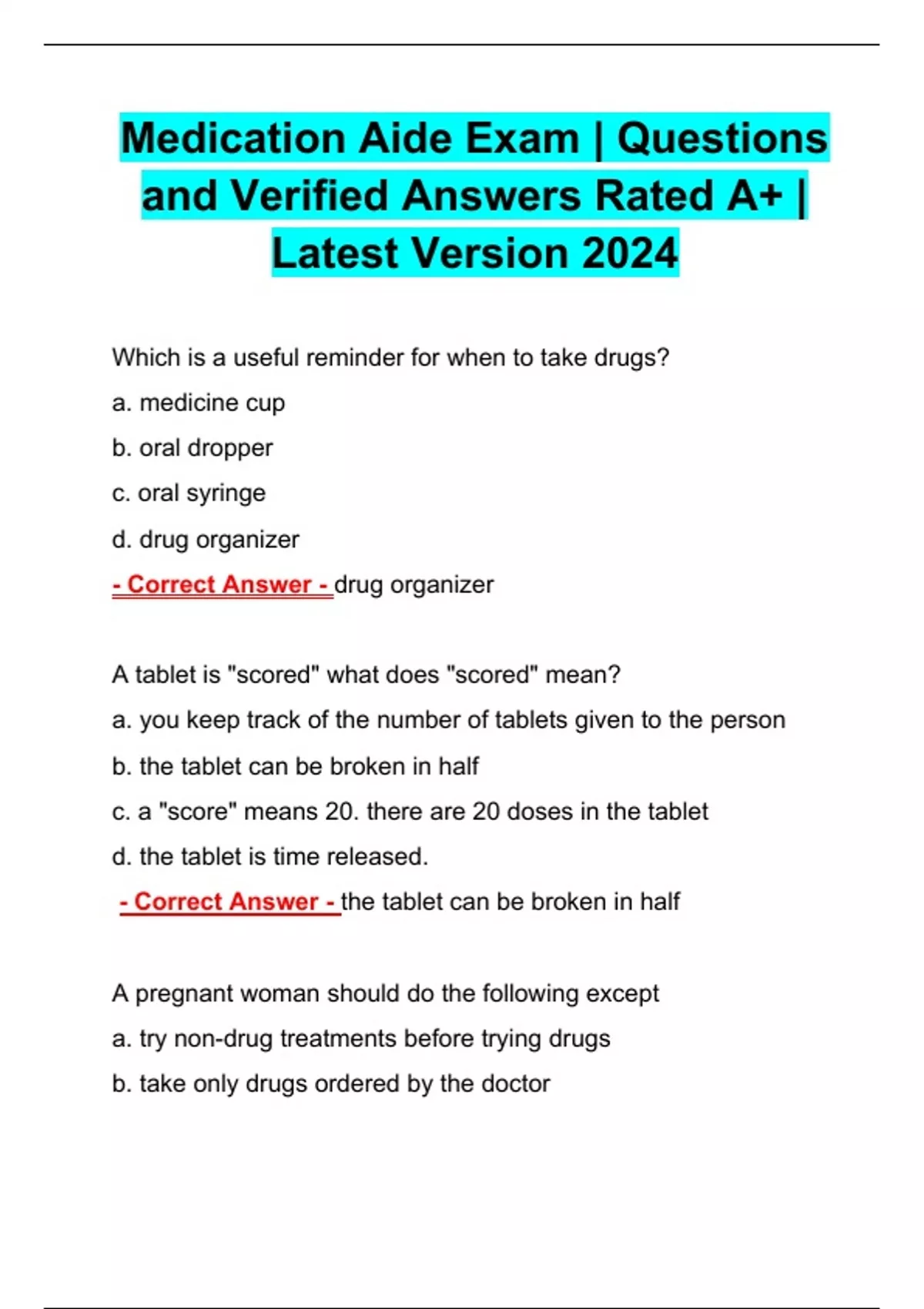 Medication Aide Exam | Questions and Verified Answers Rated A+ | Latest ...