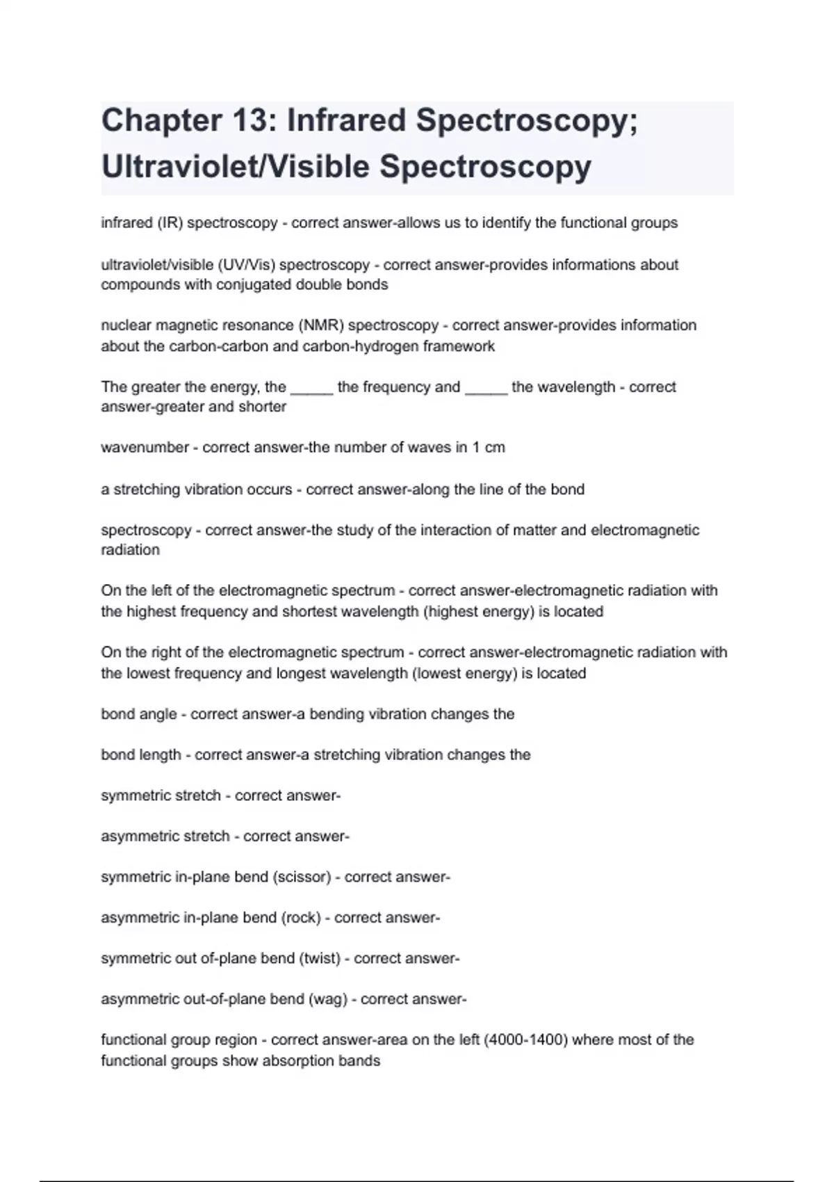 Ch 13 Mass Spectrometry; Infrared Spectroscopy; UV_Vis Spectroscopy (1 - Chapter - Stuvia US