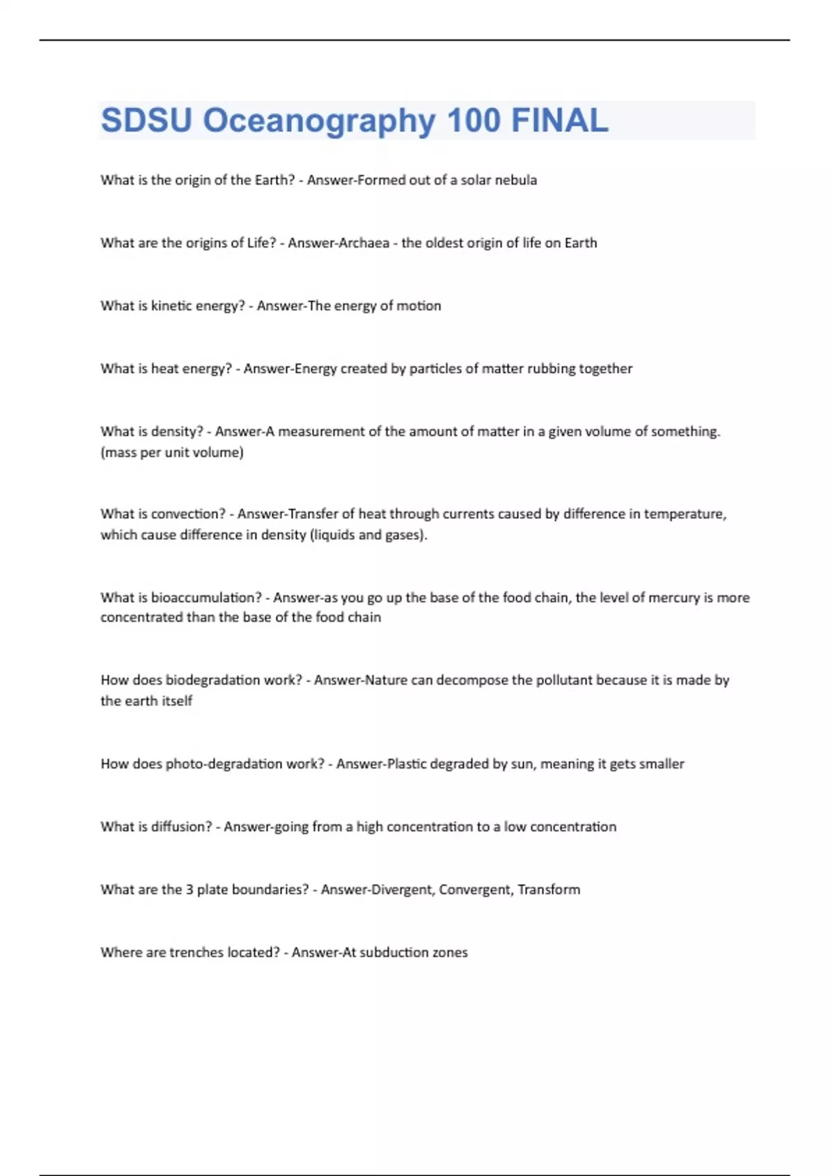 SDSU Oceanography 100 FINAL Questions With Correct Solutions, Already Passed!! - SDSU ...