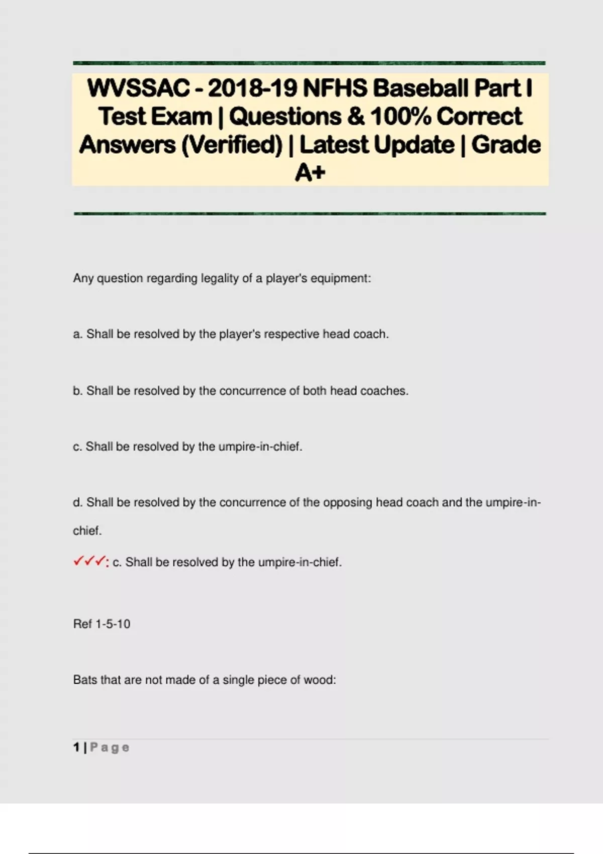WVSSAC - 2018-19 NFHS Baseball Part I Test Exam | Questions & 100% ...