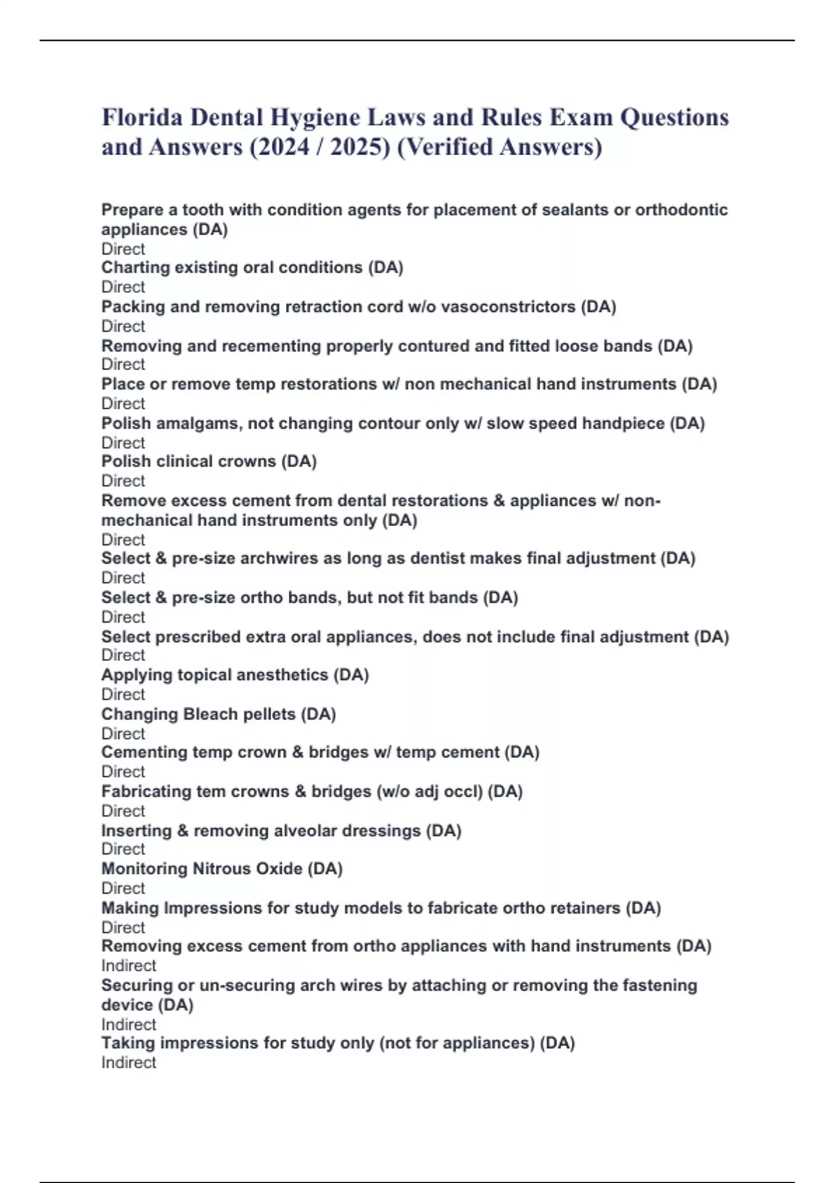 Florida Dental Hygiene Laws and Rules Exam Questions and Answers (2024 ...