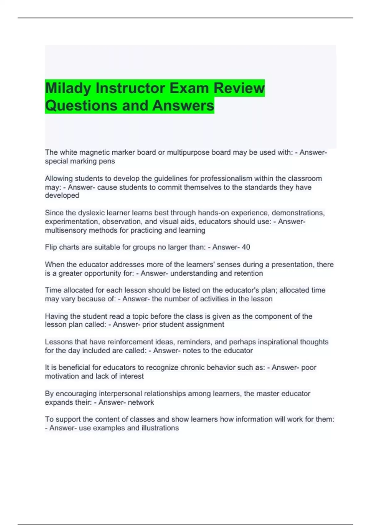 Milady Instructor Exam Review Questions and Answers 100% correct ...