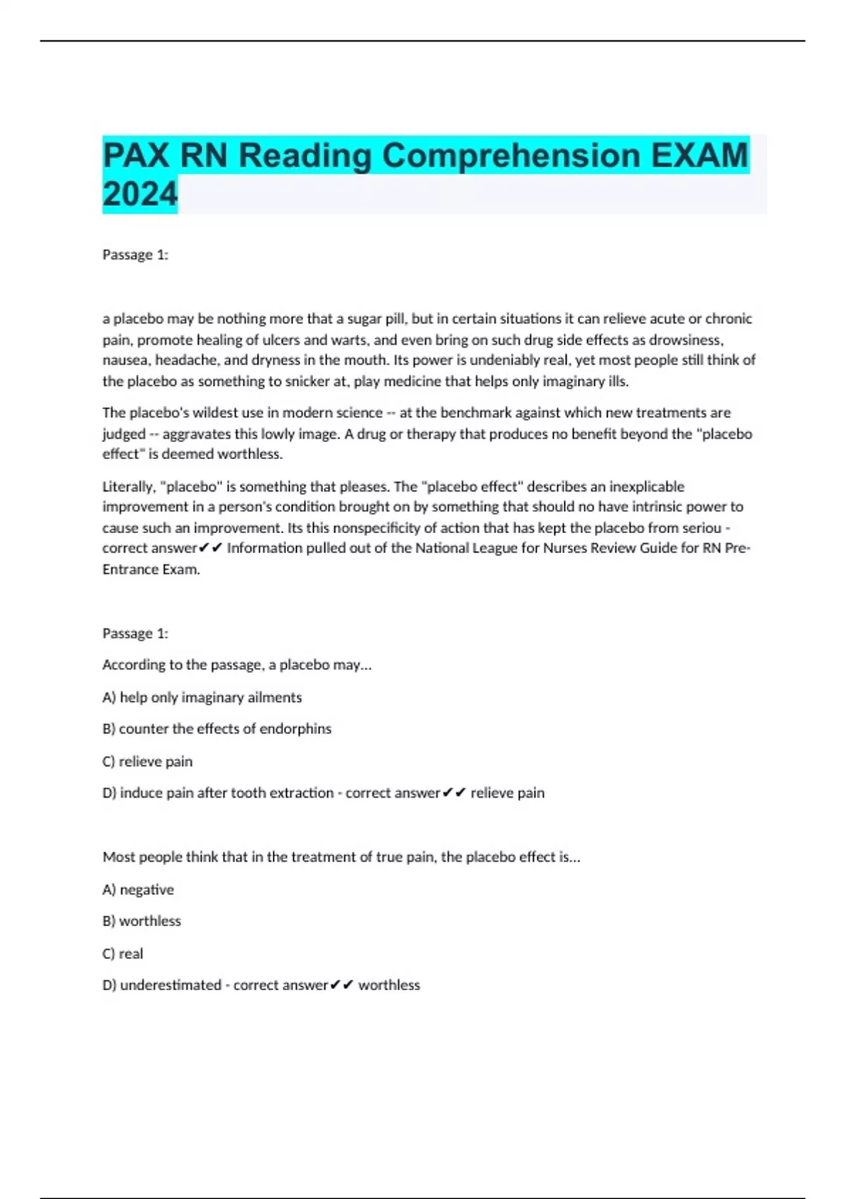 PAX RN Reading Comprehension EXAM 2024 - PAX RN Reading Comprehension ...