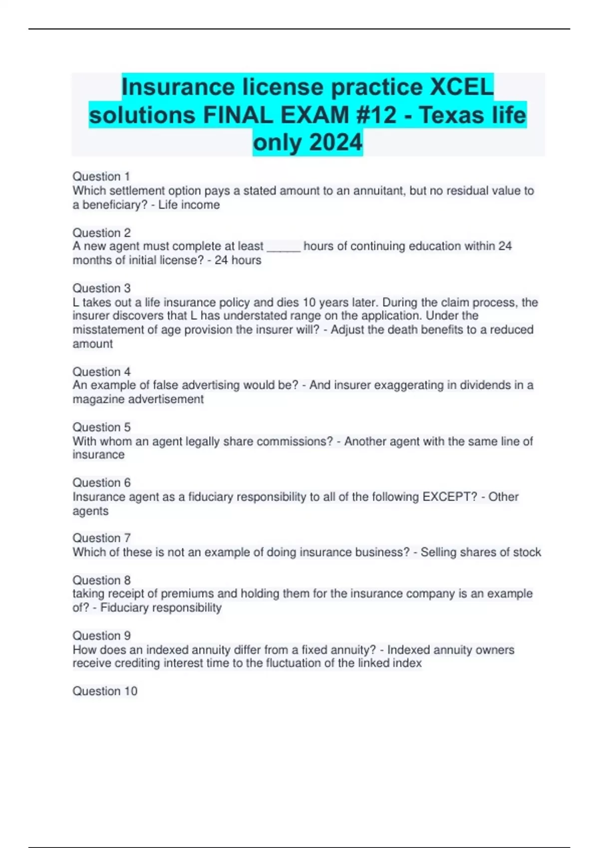 Insurance license practice XCEL solutions FINAL EXAM #12 - Texas life ...