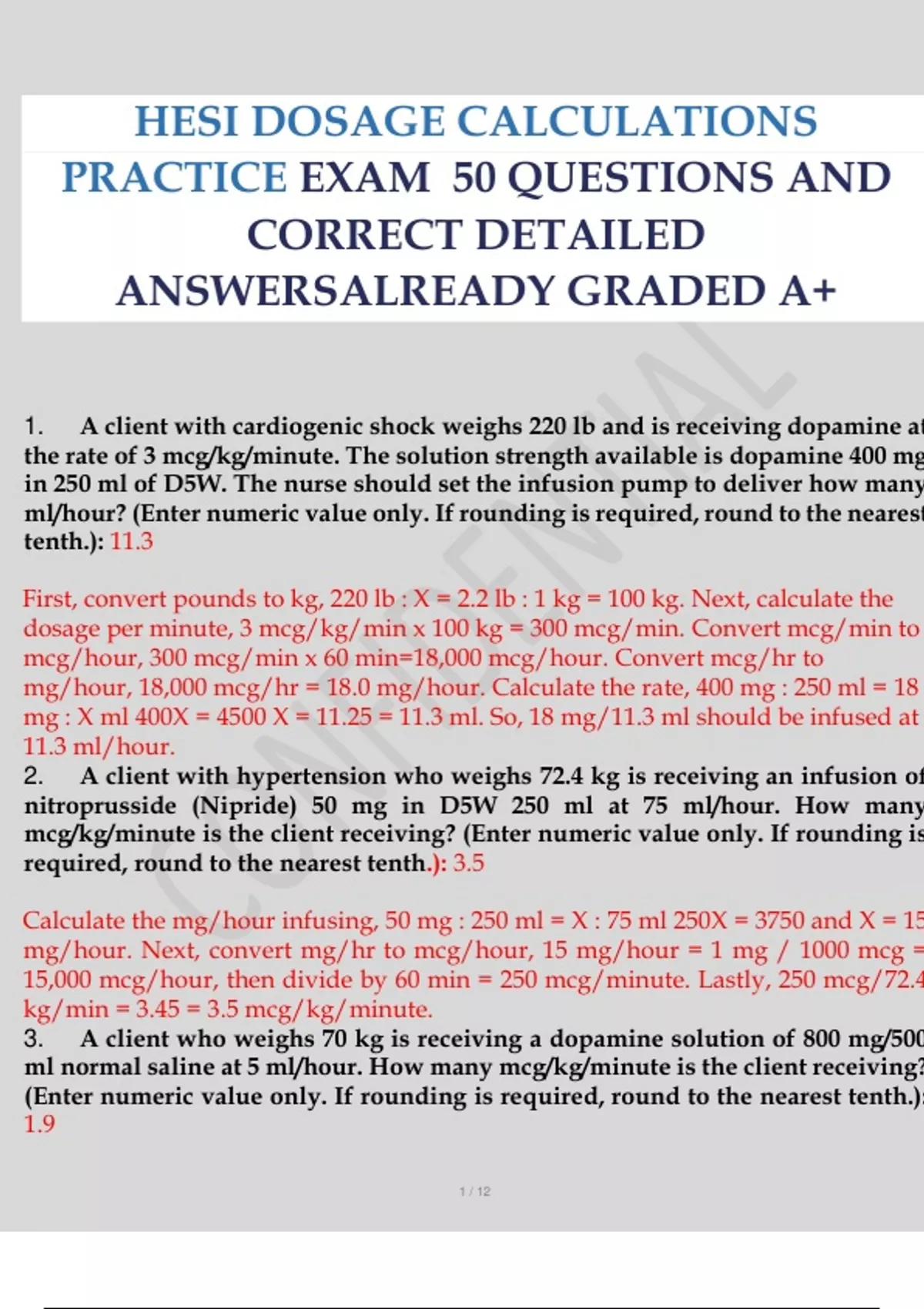 HESI DOSAGE CALCULATIONS PRACTICE EXAM 50 QUESTIONS AND CORRECT ...