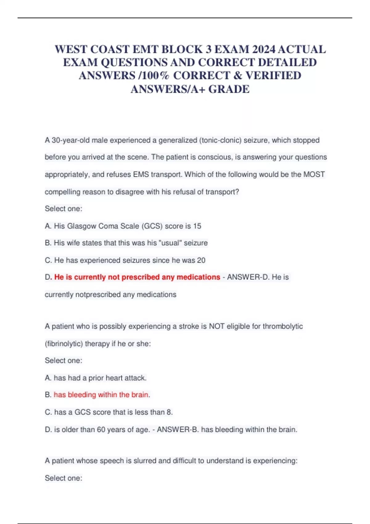 WEST COAST EMT BLOCK 3 EXAM 2024 ACTUAL EXAM QUESTIONS AND CORRECT ...