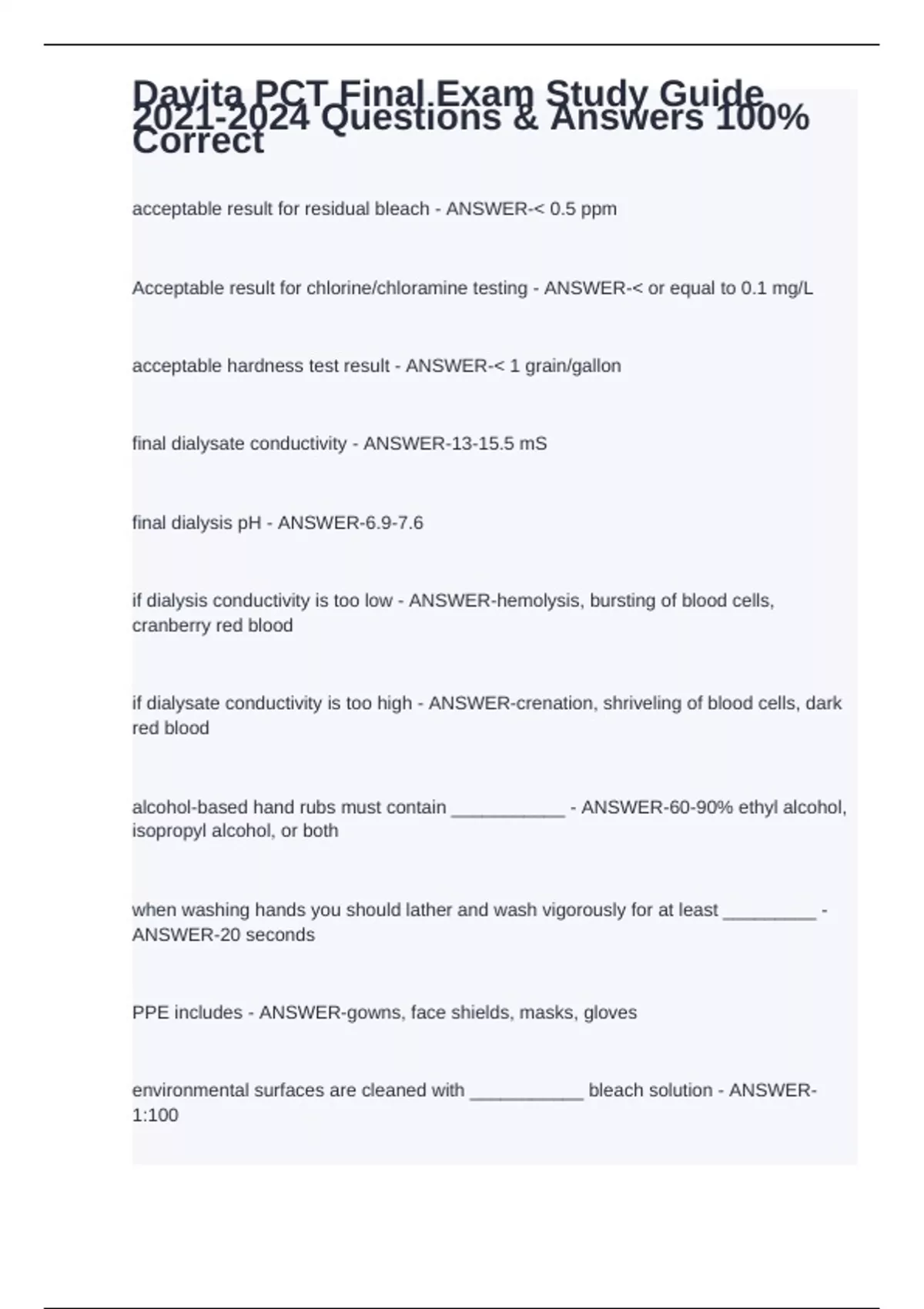 Davita PCT Final Exam Study Guide Questions & Answers 100% Correct ...