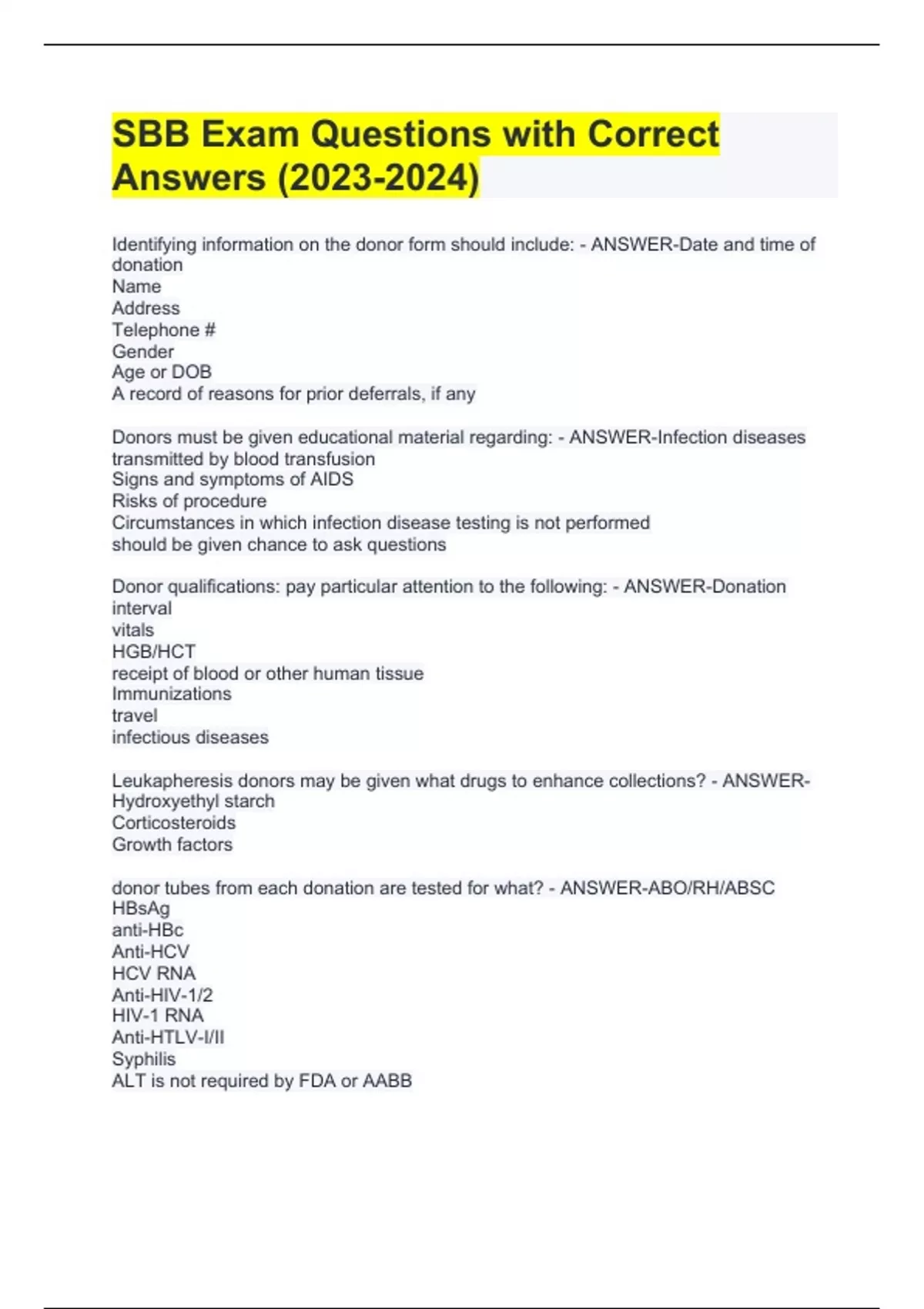 SBB Exam Questions with Correct Answers () - SBB-Specialist in Blood ...