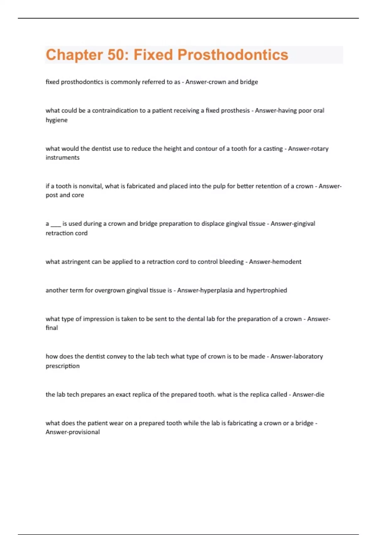 Chapter 50: Fixed Prosthodontics Exam Questions and Answers 2024 ...