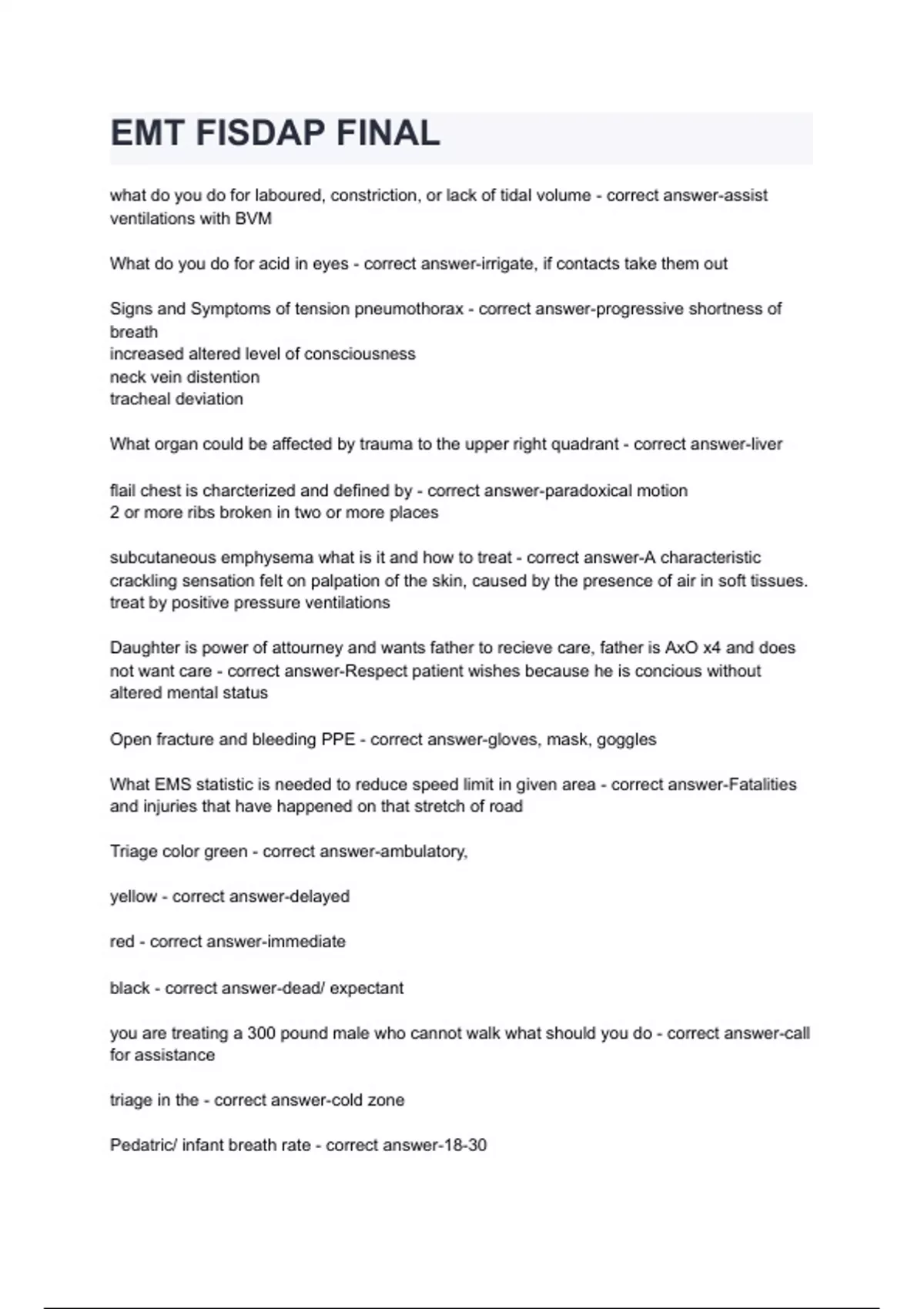 EMT FISDAP FINAL with complete solution - FISDAP - Stuvia US