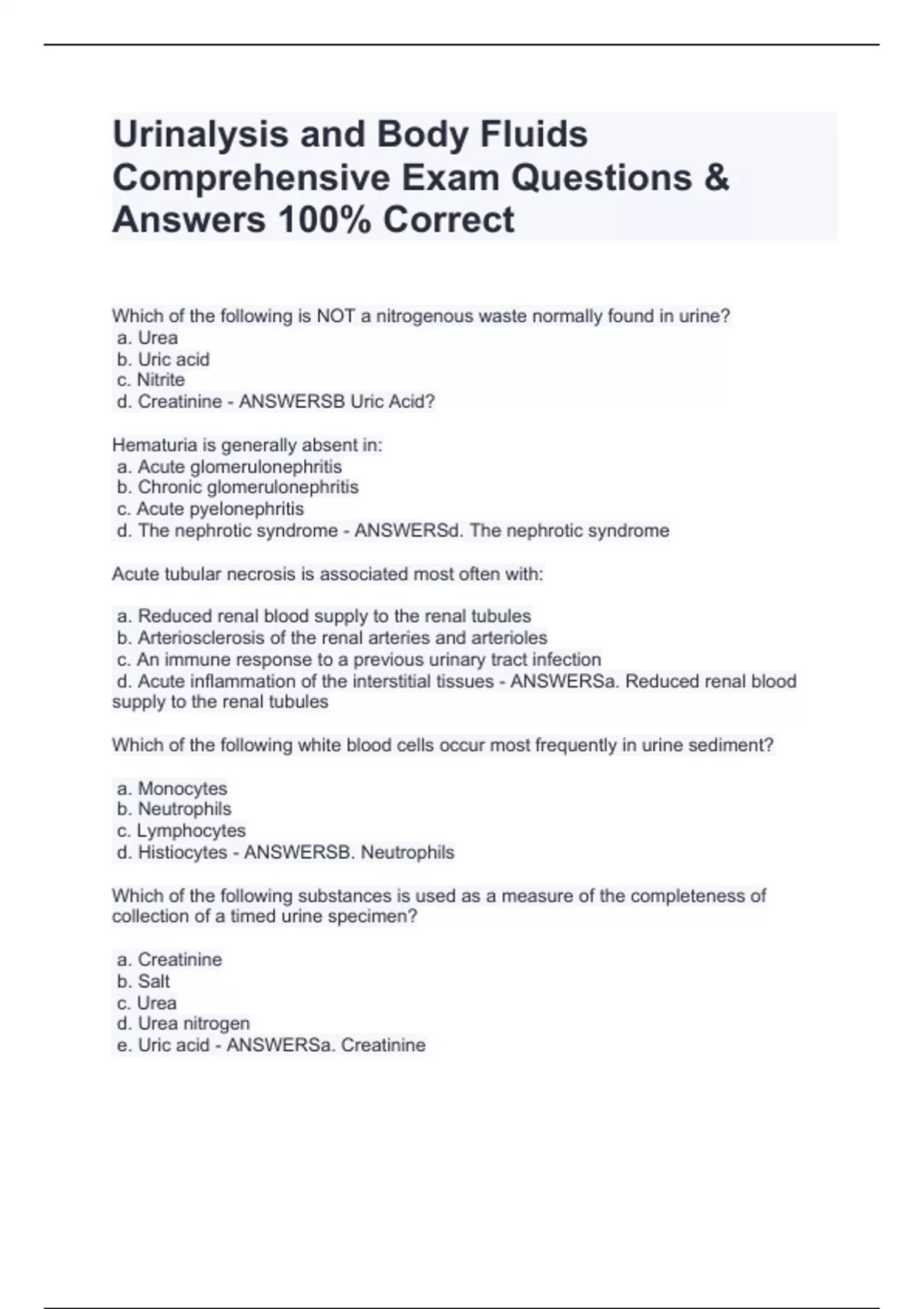 Urinalysis and Body Fluids Comprehensive Exam Questions & Answers 100% ...