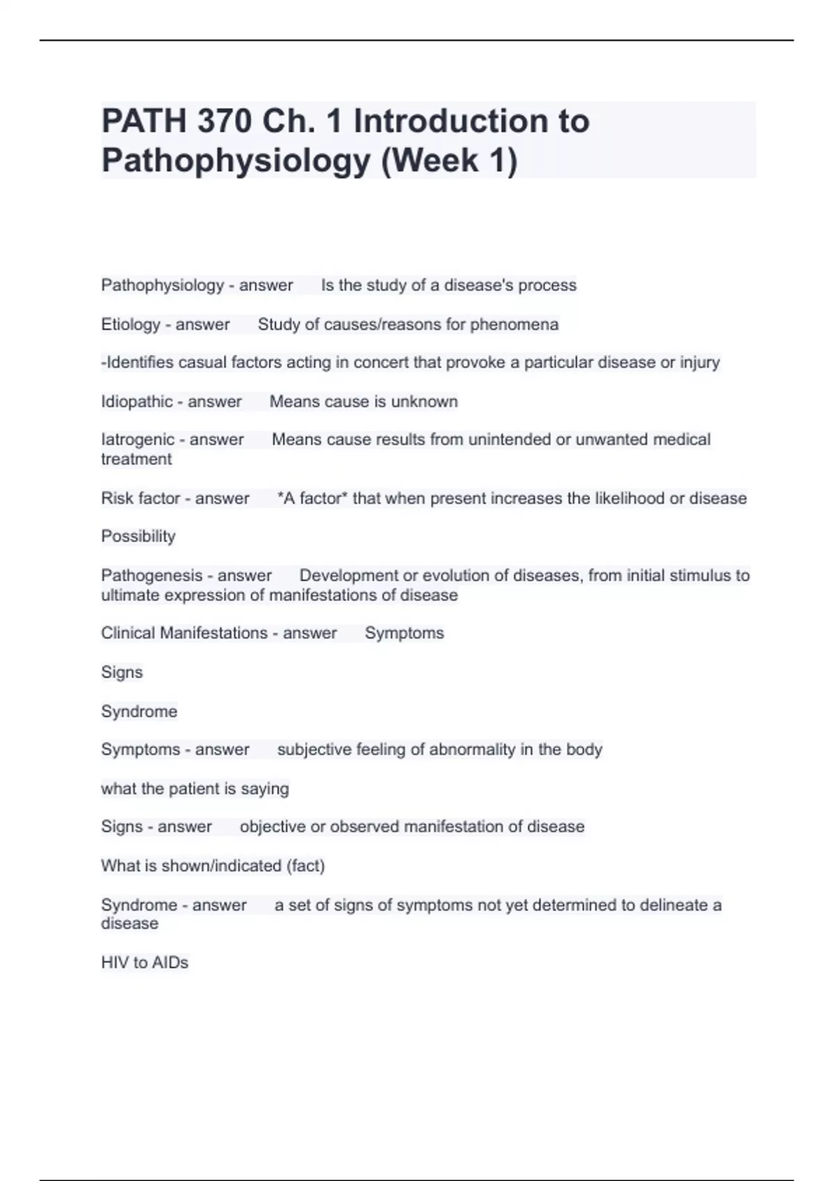 PATH 370 Ch. 1 Introduction to Pathophysiology (Week 1) Questions with correct Answers 2024 ...