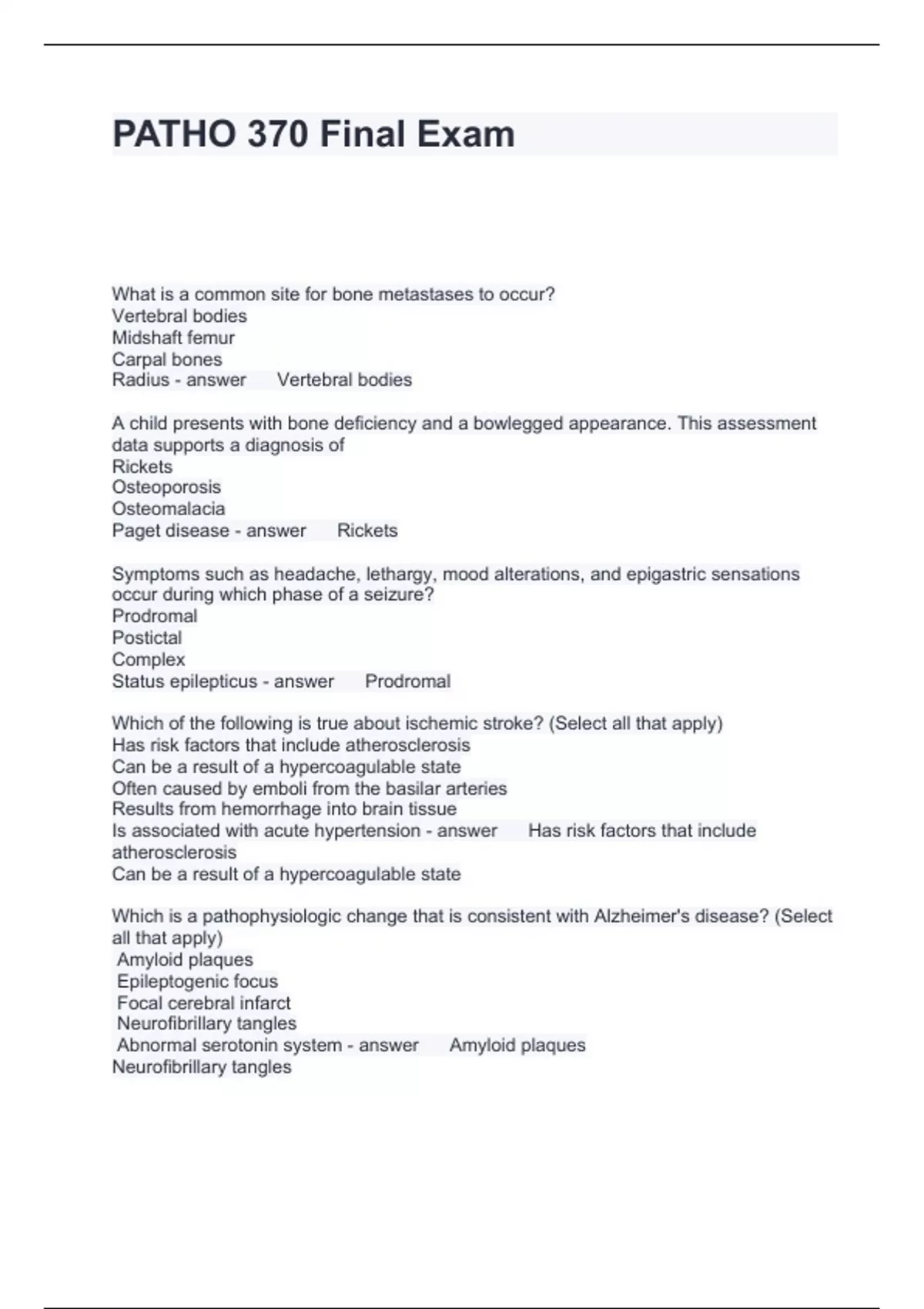 PATHO 370 Final Exam Questions with complete solutions - PATHO 370 ...