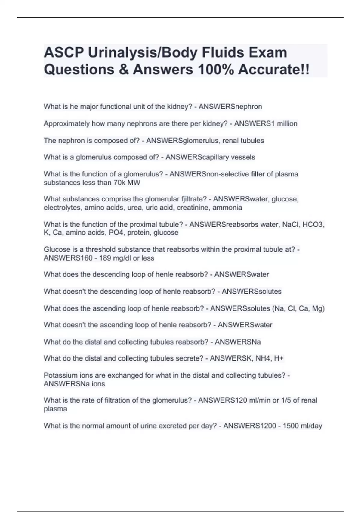 ASCP Urinalysis/Body Fluids Exam Questions & Answers 100% Accurate ...