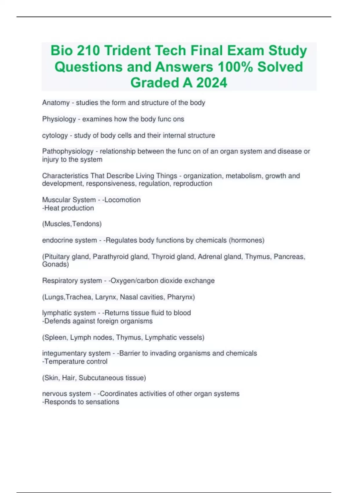 Bio 210 Trident Tech Final Exam Study Questions and Answers 100% Solved Graded A 2024 - Bio ...