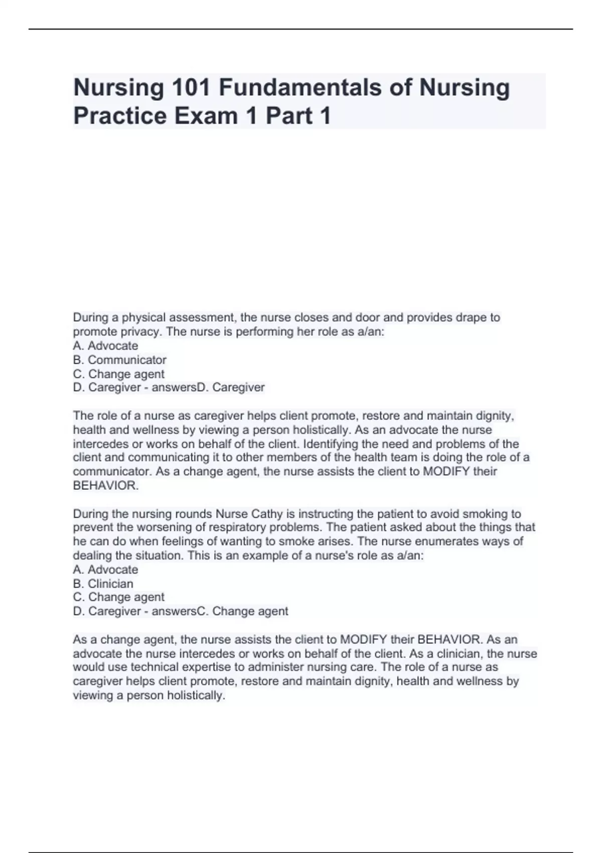 Nursing 101 Fundamentals of Nursing Practice Exam 1 Part 1QUESTIONS ...