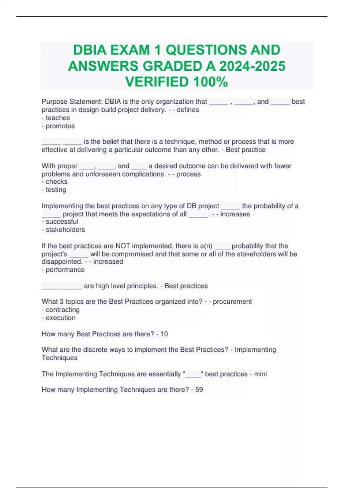 DBIA EXAM 1 QUESTIONS AND ANSWERS GRADED A VERIFIED 100% - DBIA - Stuvia US