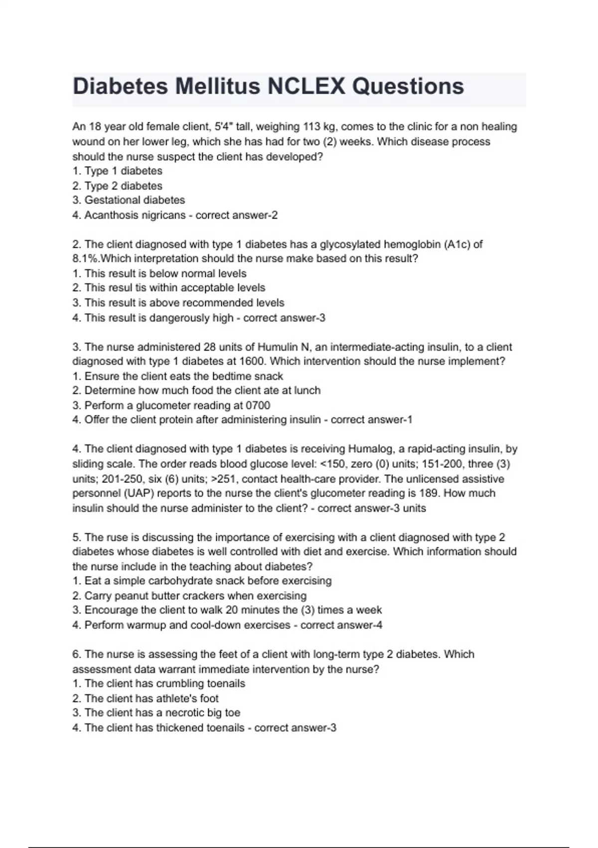 Diabetes Mellitus NCLEX Questions - FAcEM - Fellow of the Academy of ...