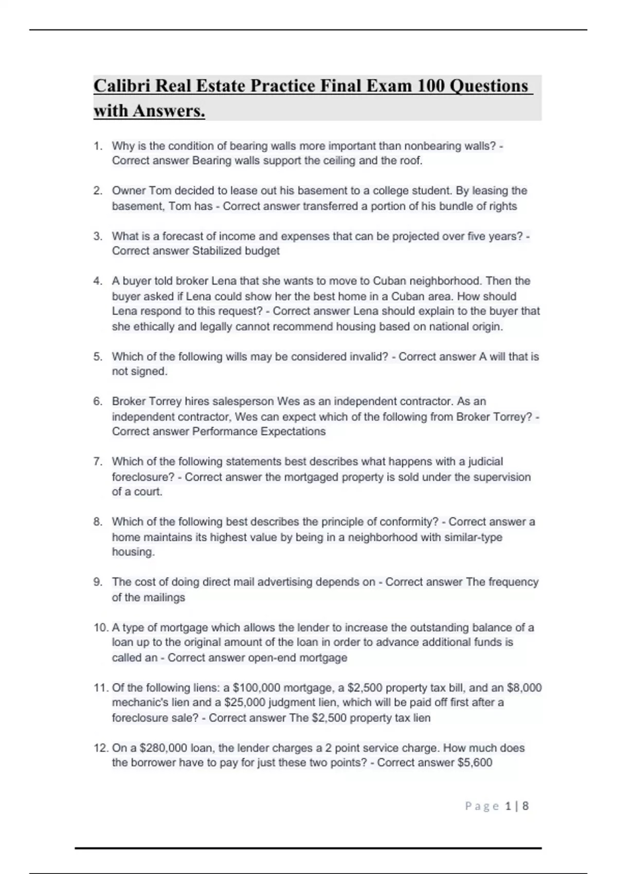 Colibri Real Estate Practice Final Exam 100 Questions with Answers ...