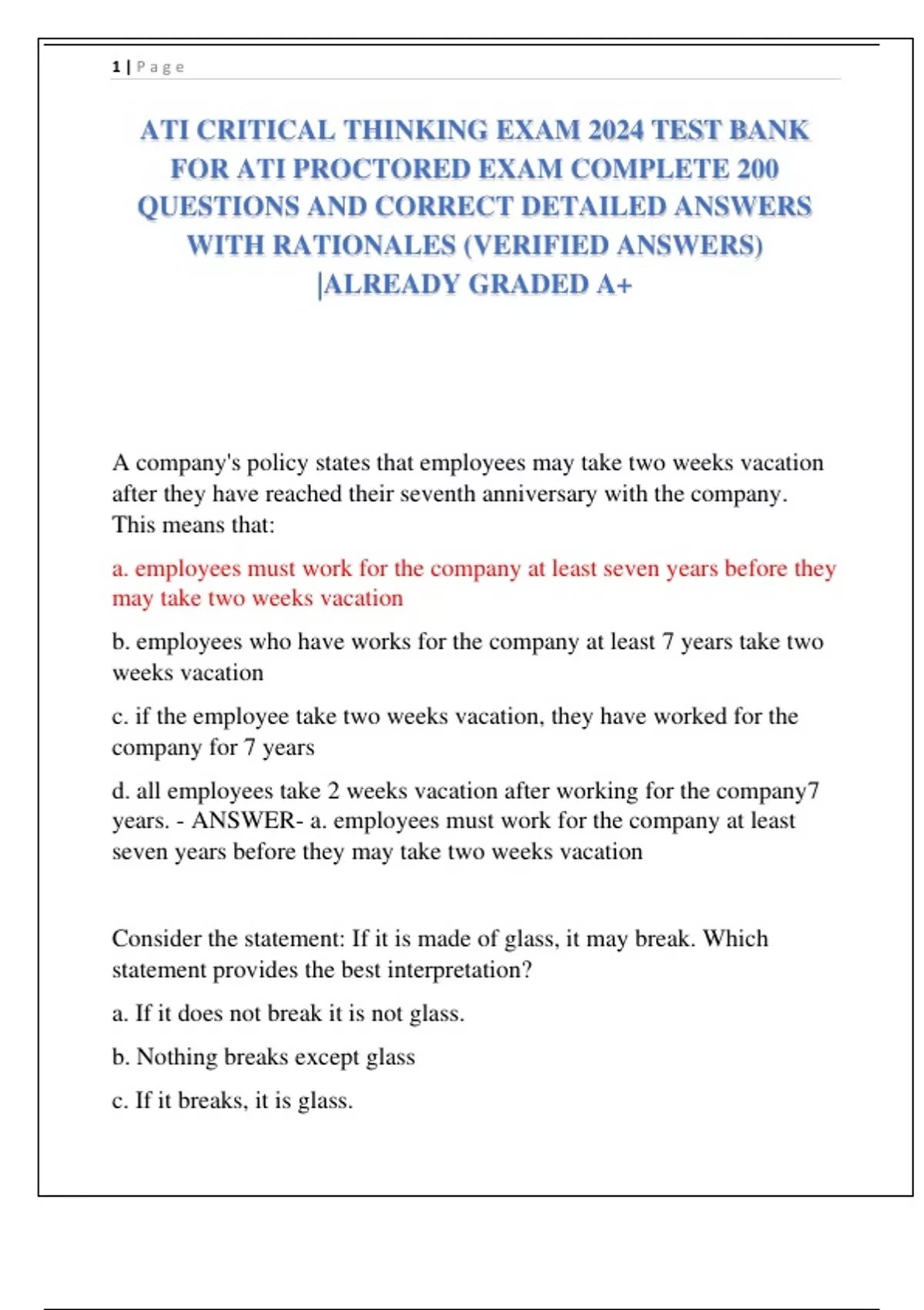 ATI CRITICAL THINKING EXAM 2024 TEST BANK FOR ATI PROCTORED EXAM ...