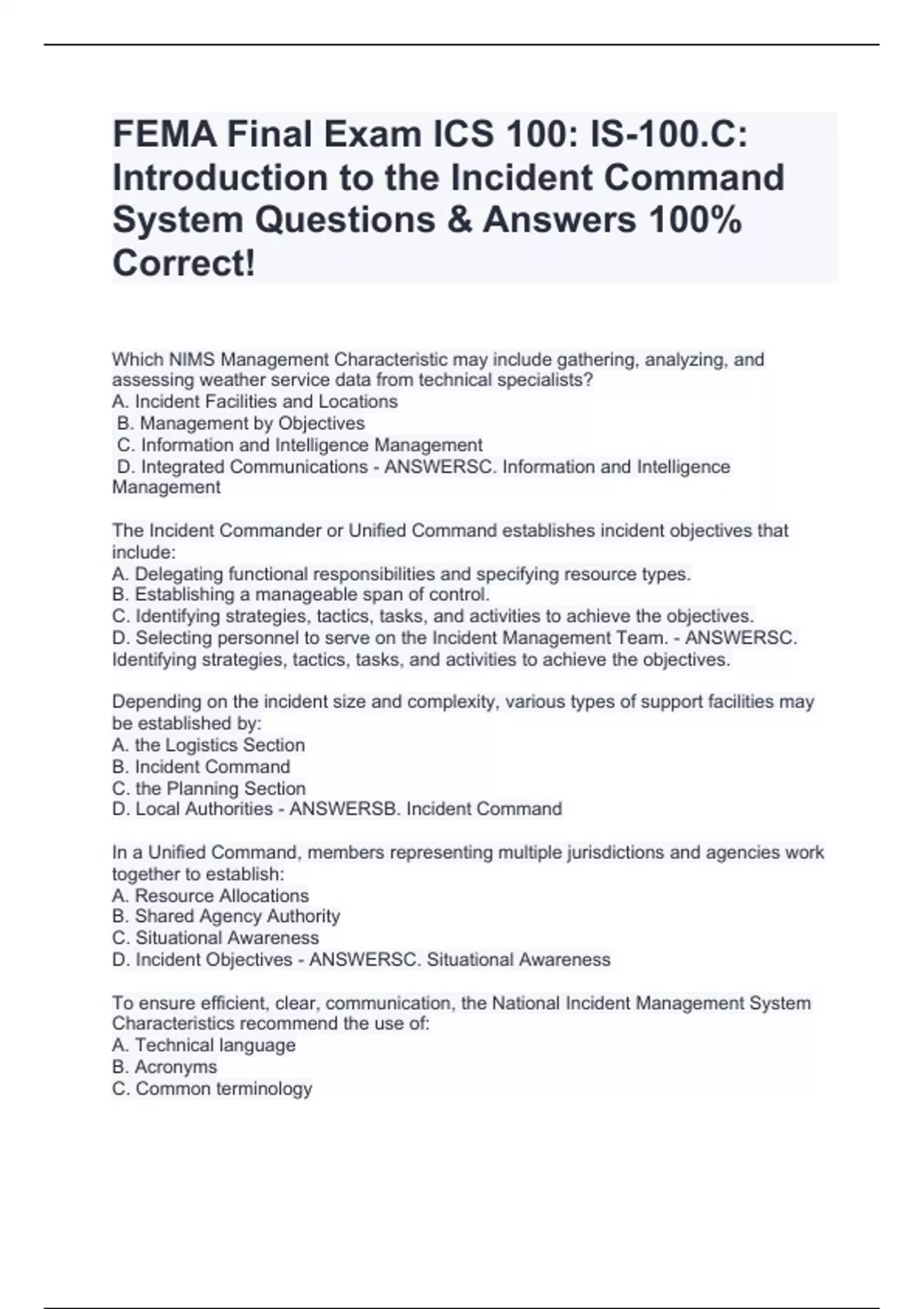 FEMA Final Exam ICS 100: IS-100.C: Introduction to the Incident Command ...