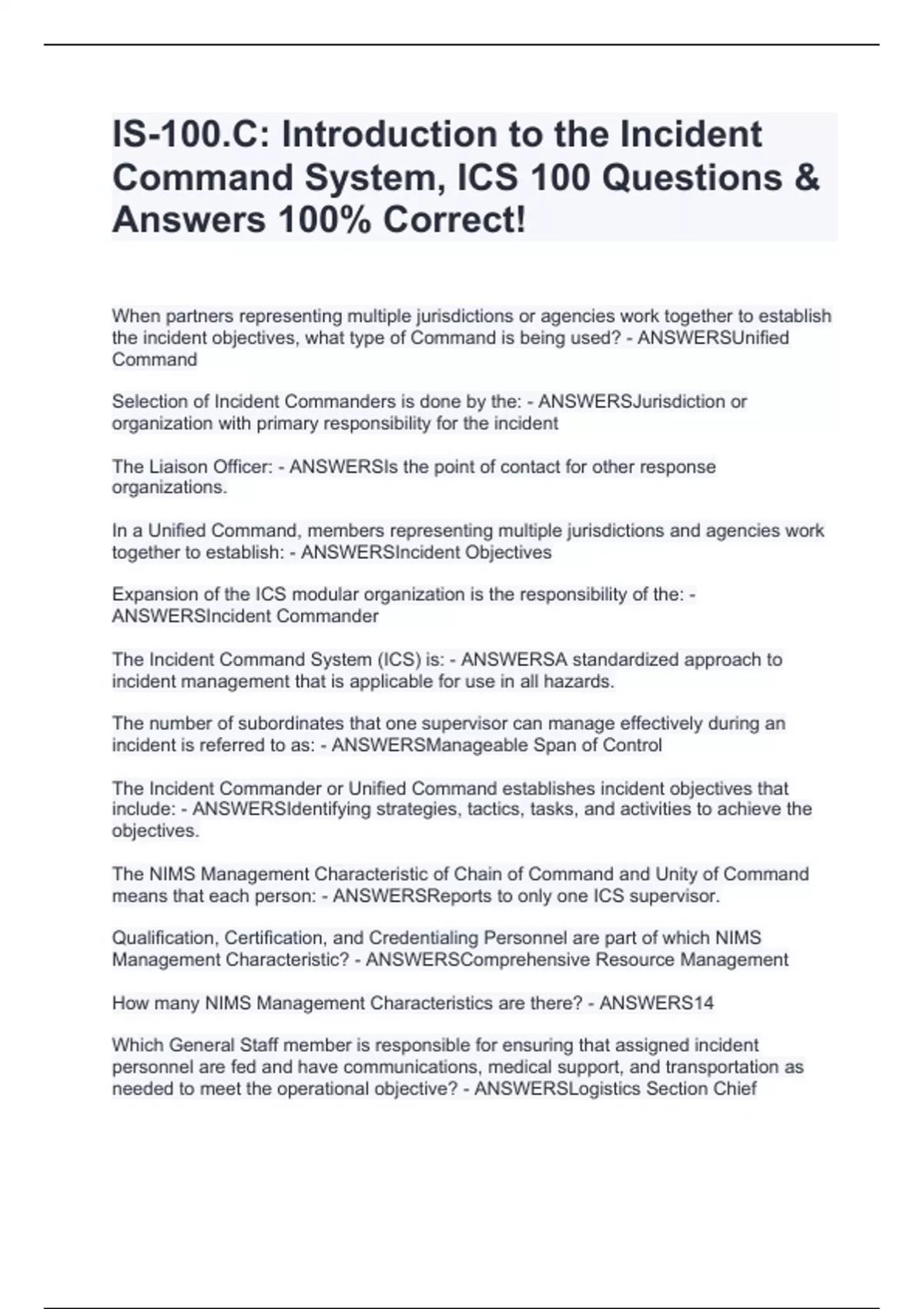 IS-100.C: Introduction to the Incident Command System, ICS 100 Questions & Answers 100% Correct ...