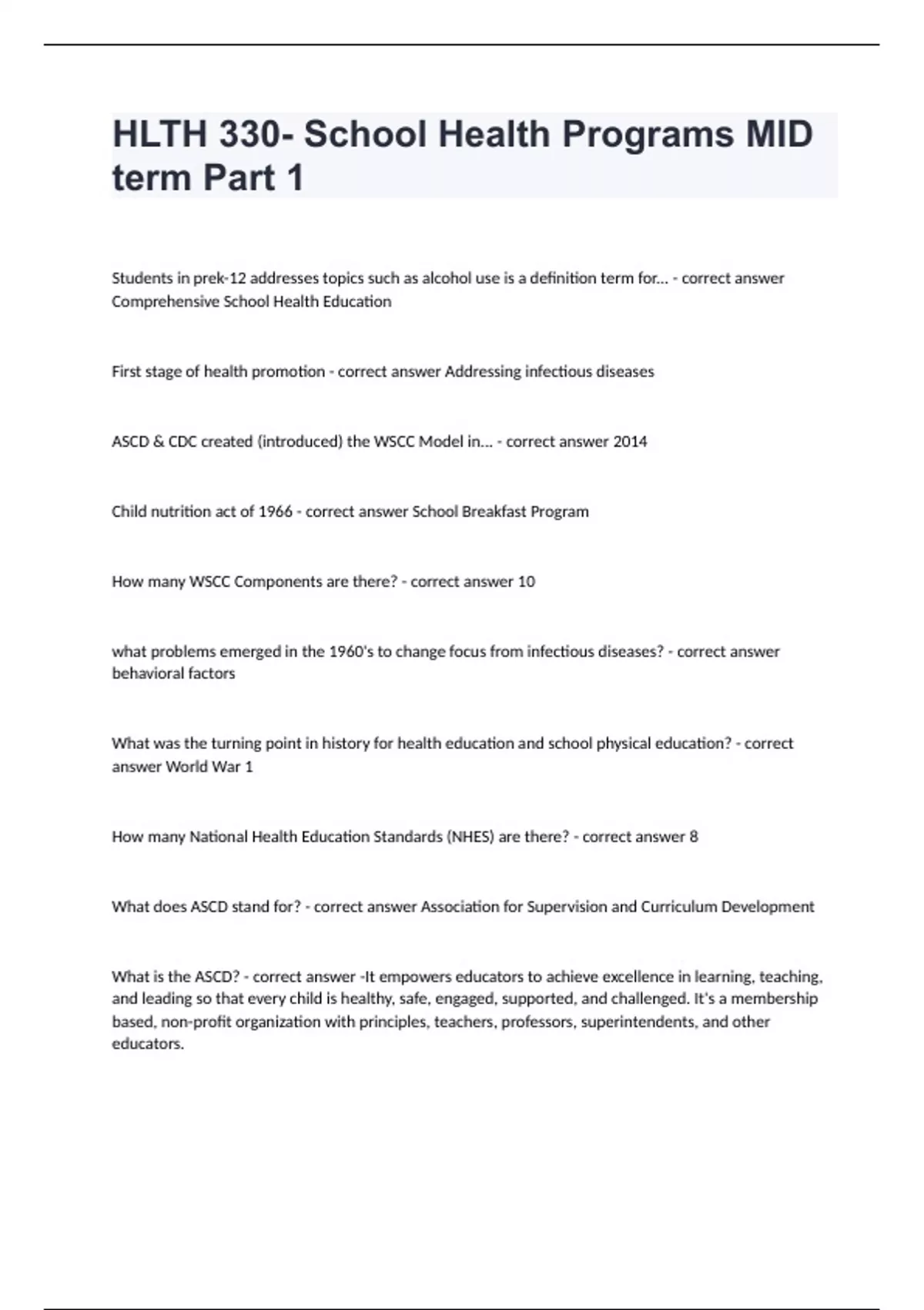 HLTH 330- School Health Programs MID term Part 1 fully solved 2024/2025 ...