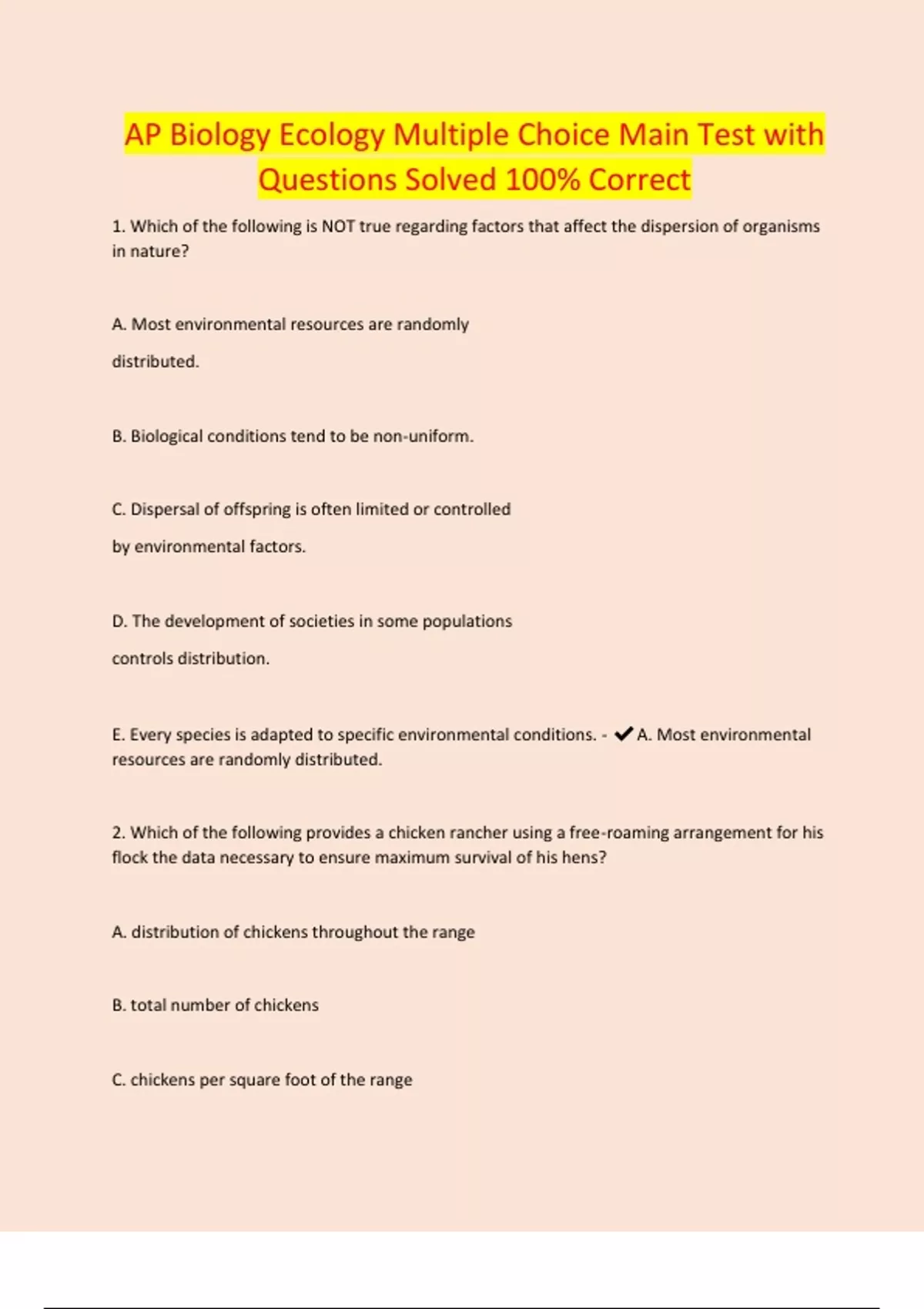 AP Biology Ecology Multiple Choice Main Test with Questions Solved 100% ...
