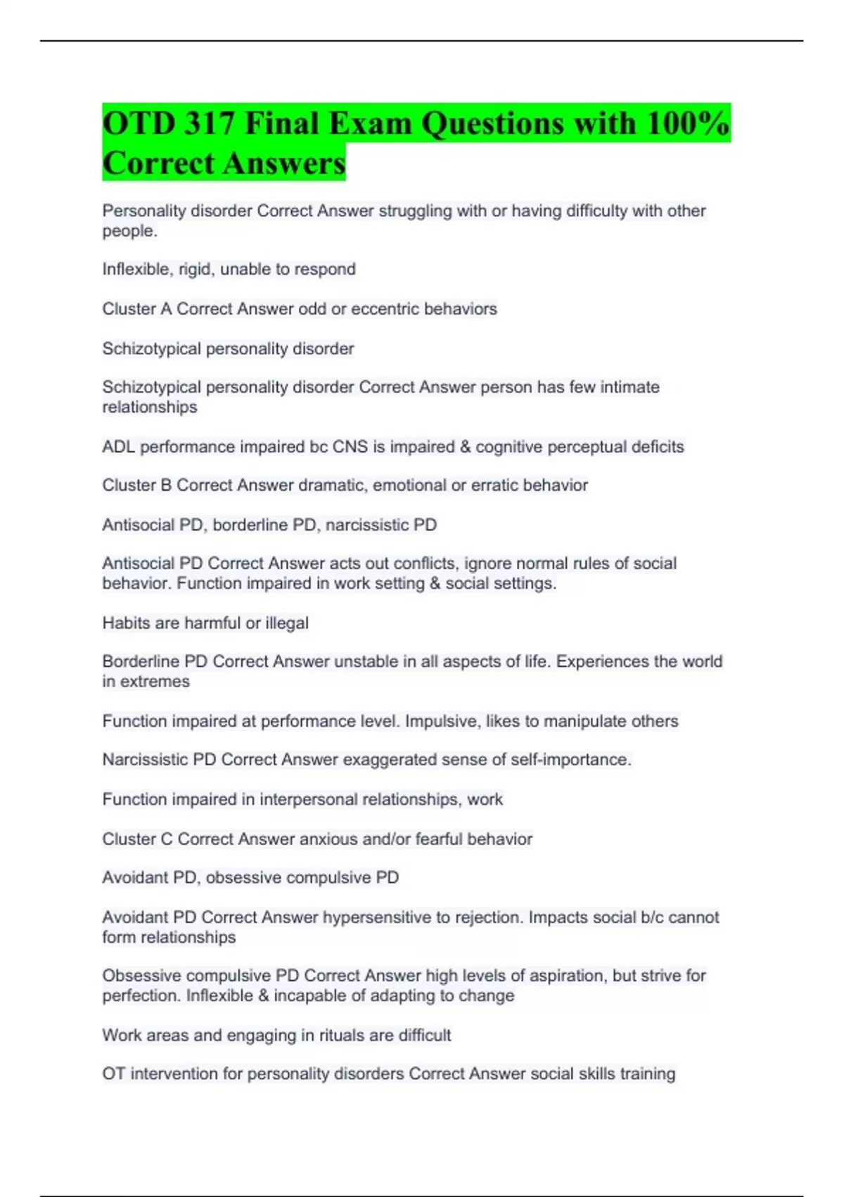 OTD 317 Final Exam Questions with 100% Correct Answers - OTD 317 - Stuvia US