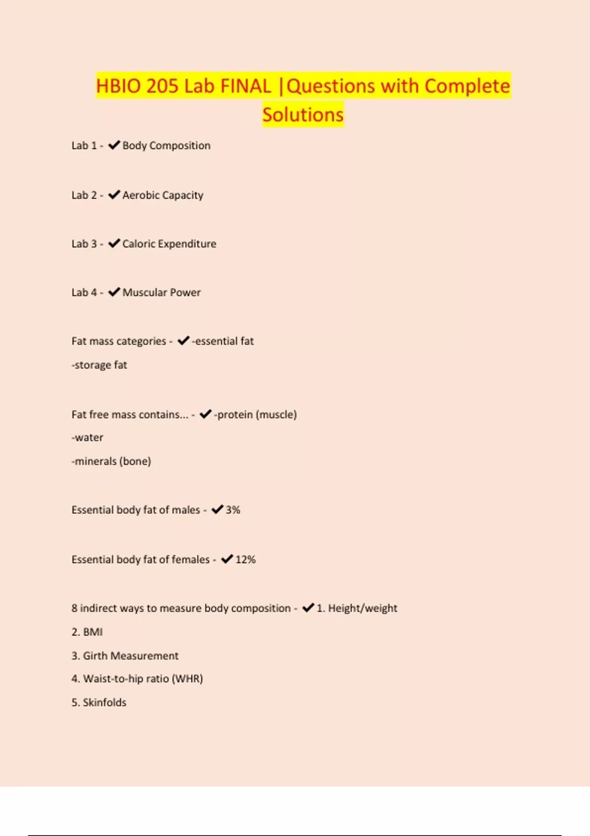 HBIO 205 Lab FINAL |Questions with Complete Solutions - HBIO 205 ...