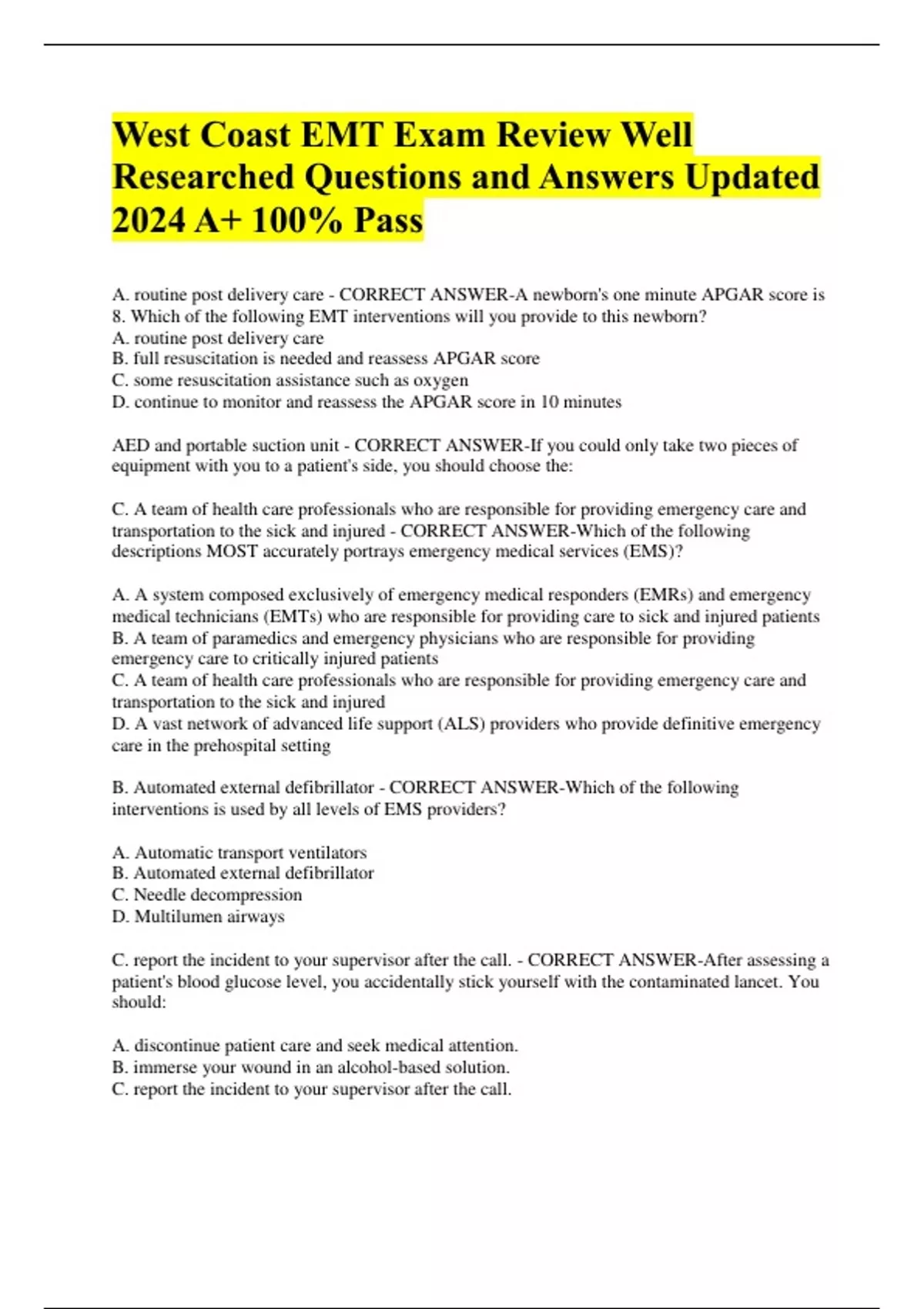 West Coast EMT Exam Review Well Researched Questions and Answers ...