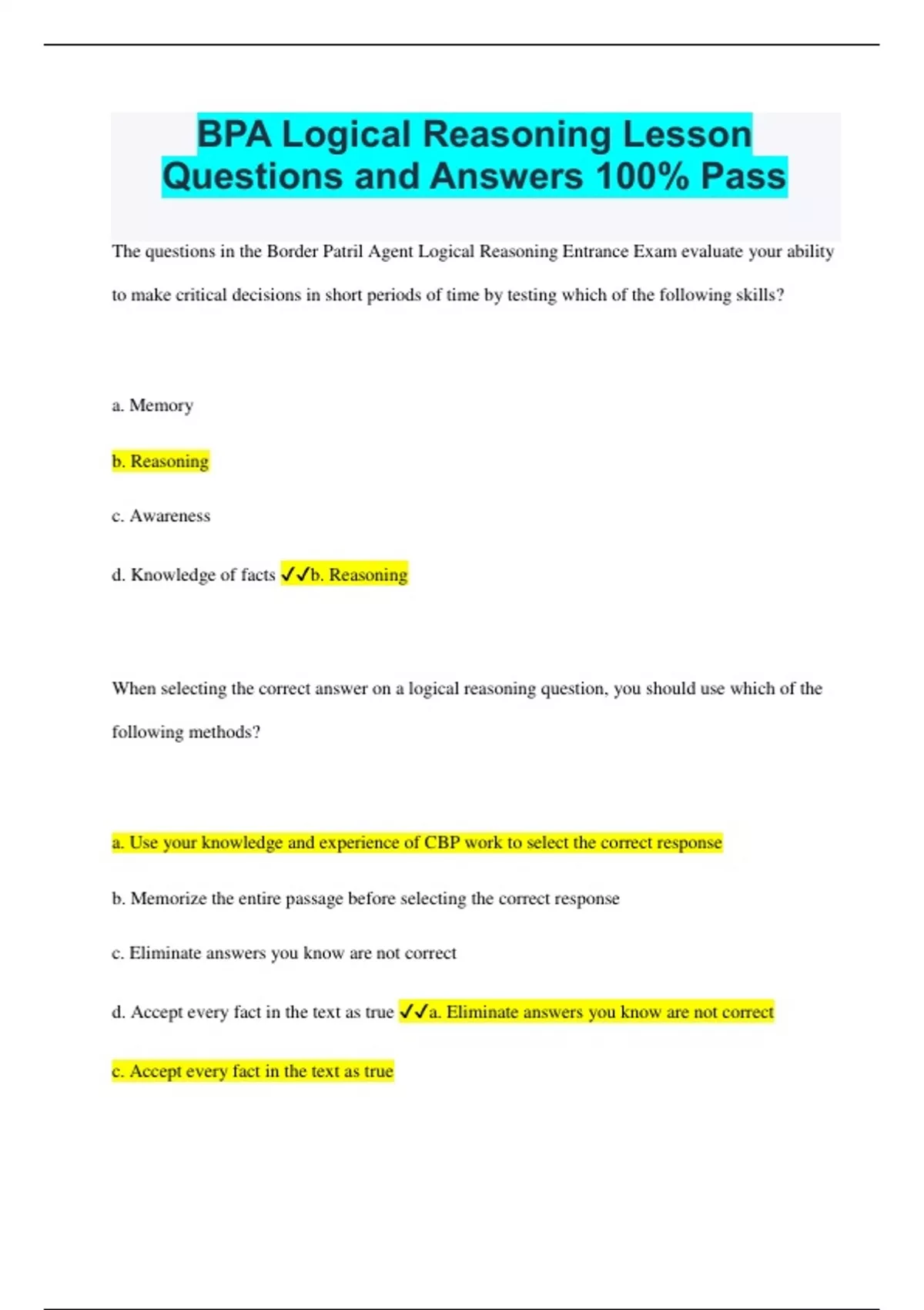 BPA Logical Reasoning Lesson Questions and Answers 100% Pass - BPA ...
