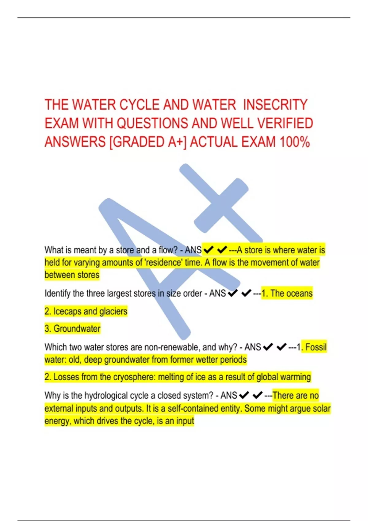 THE WATER CYCLE AND WATER INSECRITY EXAM WITH QUESTIONS AND WELL ...