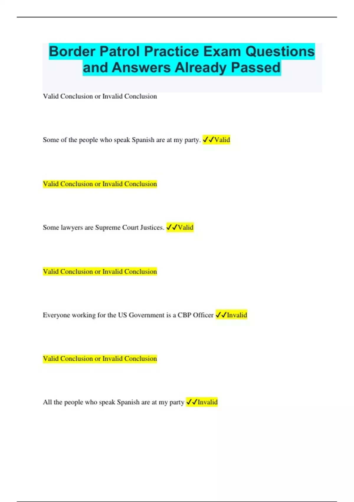Border Patrol Practice Exam Questions and Answers Already Passed ...