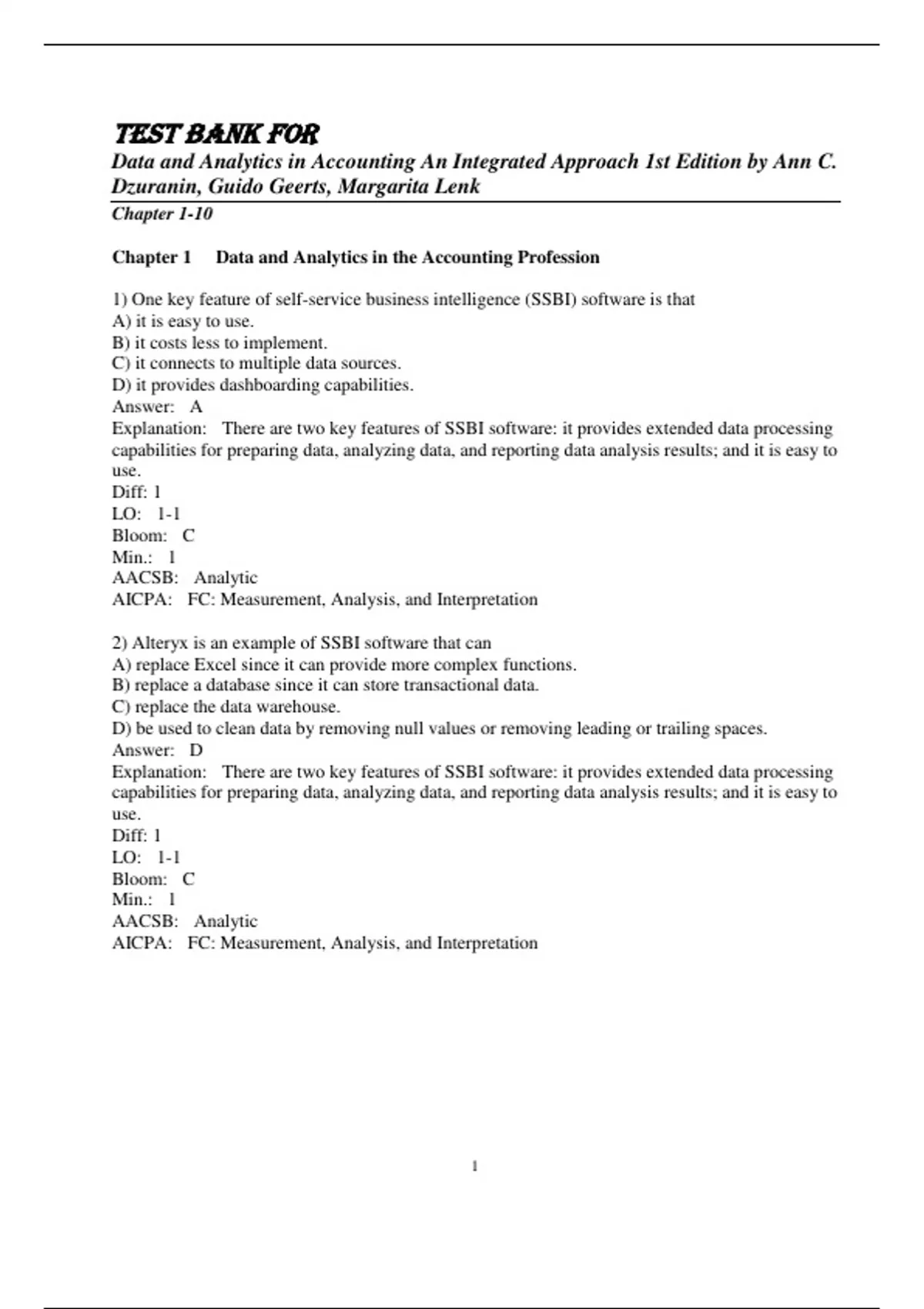 Test Bank for Data and Analytics in Accounting An Integrated Approach ...