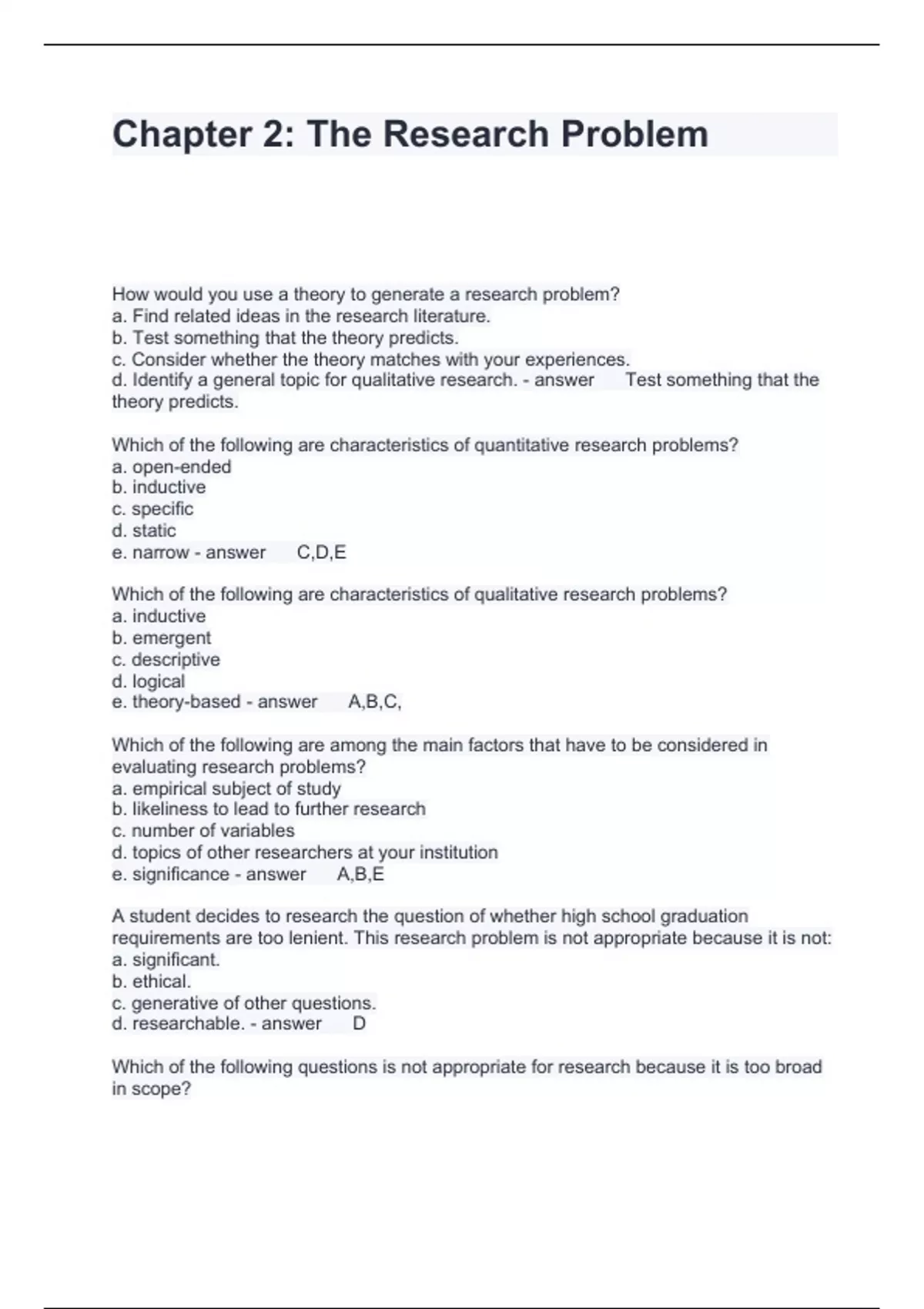 Chapter 2. The Research Problem Questions with correct Answers 2024 ...