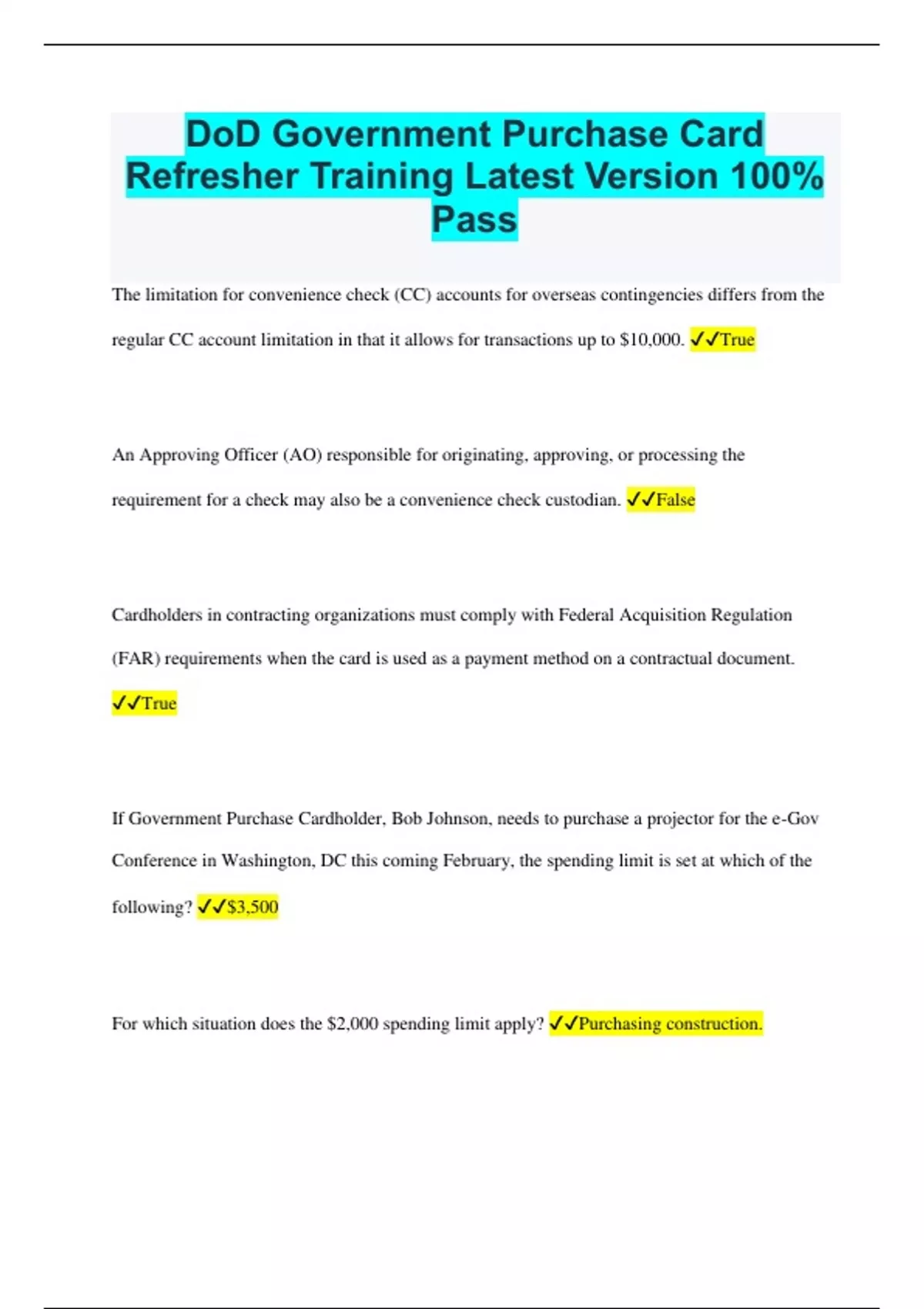 CLG 001 DoD Government Commercial Purchase Card Bundled Exams Questions ...