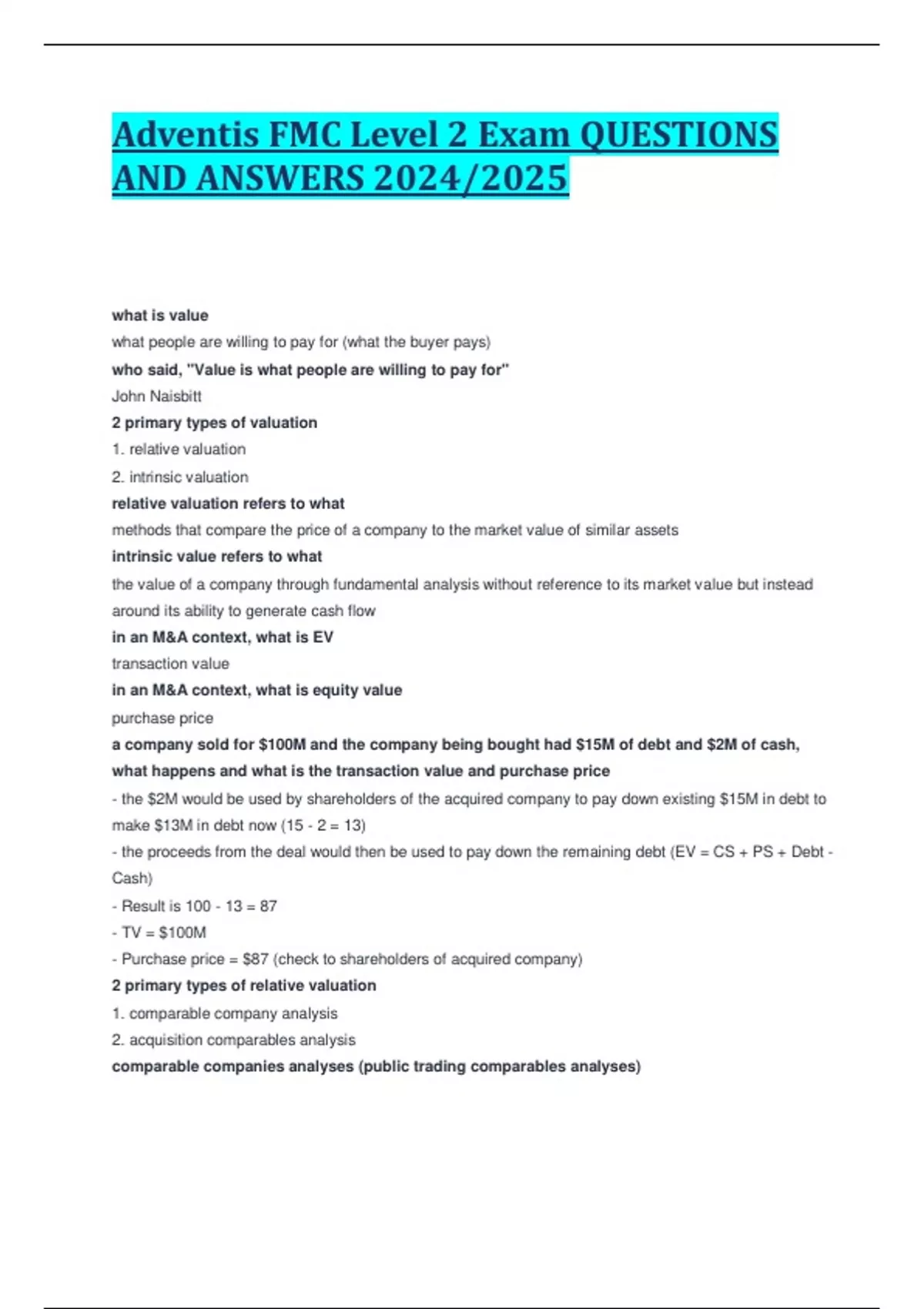 Adventis FMC Level 2 Exam QUESTIONS AND ANSWERS 2024/2025 - Adventis ...
