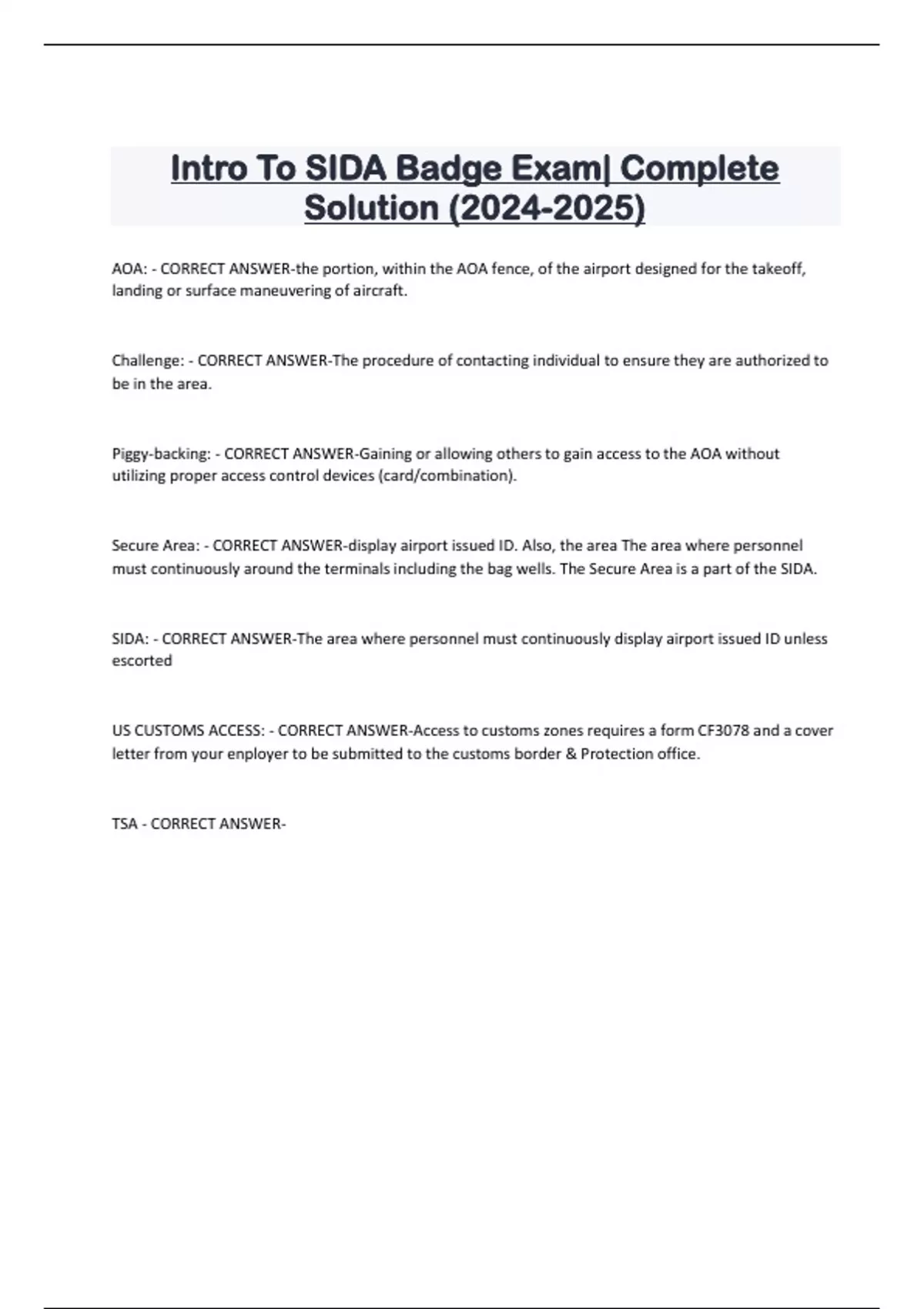 Intro To SIDA Badge Exam| Complete Solution () - Sida badge - Stuvia US