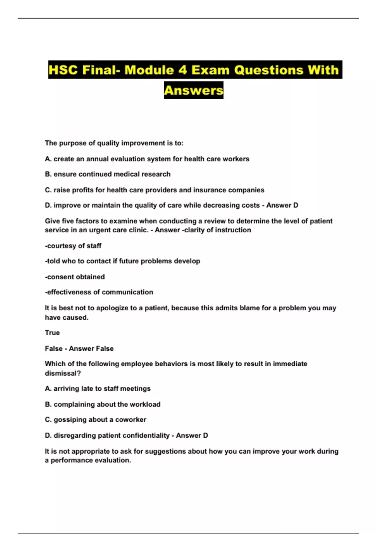 HSC Final- Module 4 Exam Questions With Answers - HSC - Module 4 - Stuvia US